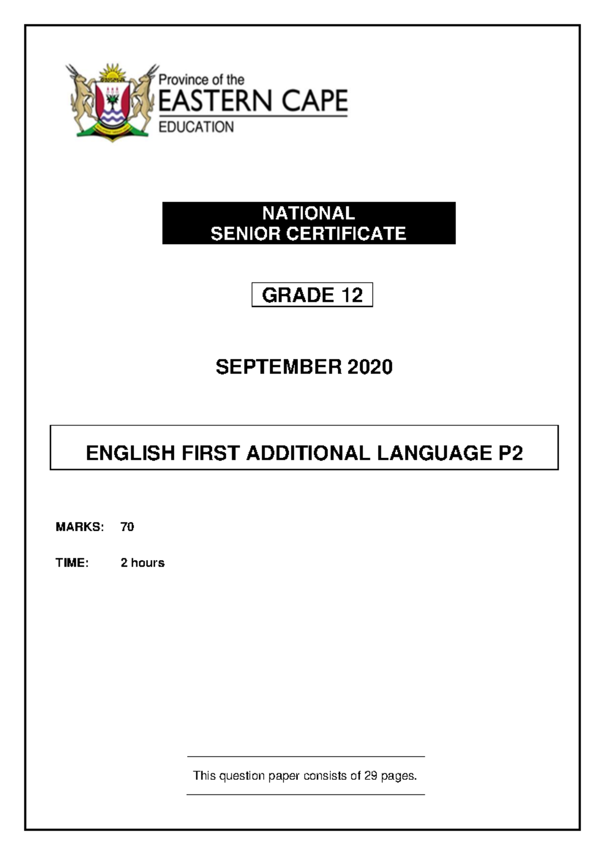English FAL P2 Grade 12 Question Paper September 2020 - Studocu