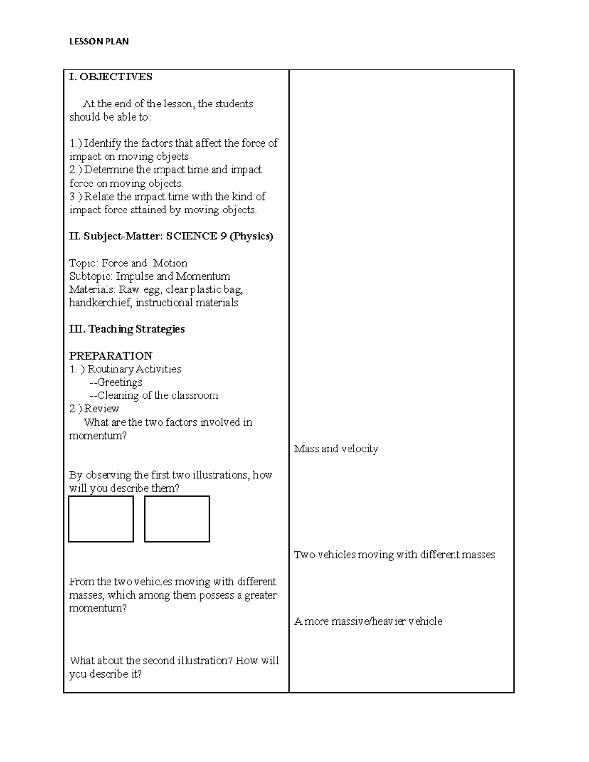 Physics Lesson Plan Sample: Force, Impact, and Motion Concepts - Studocu