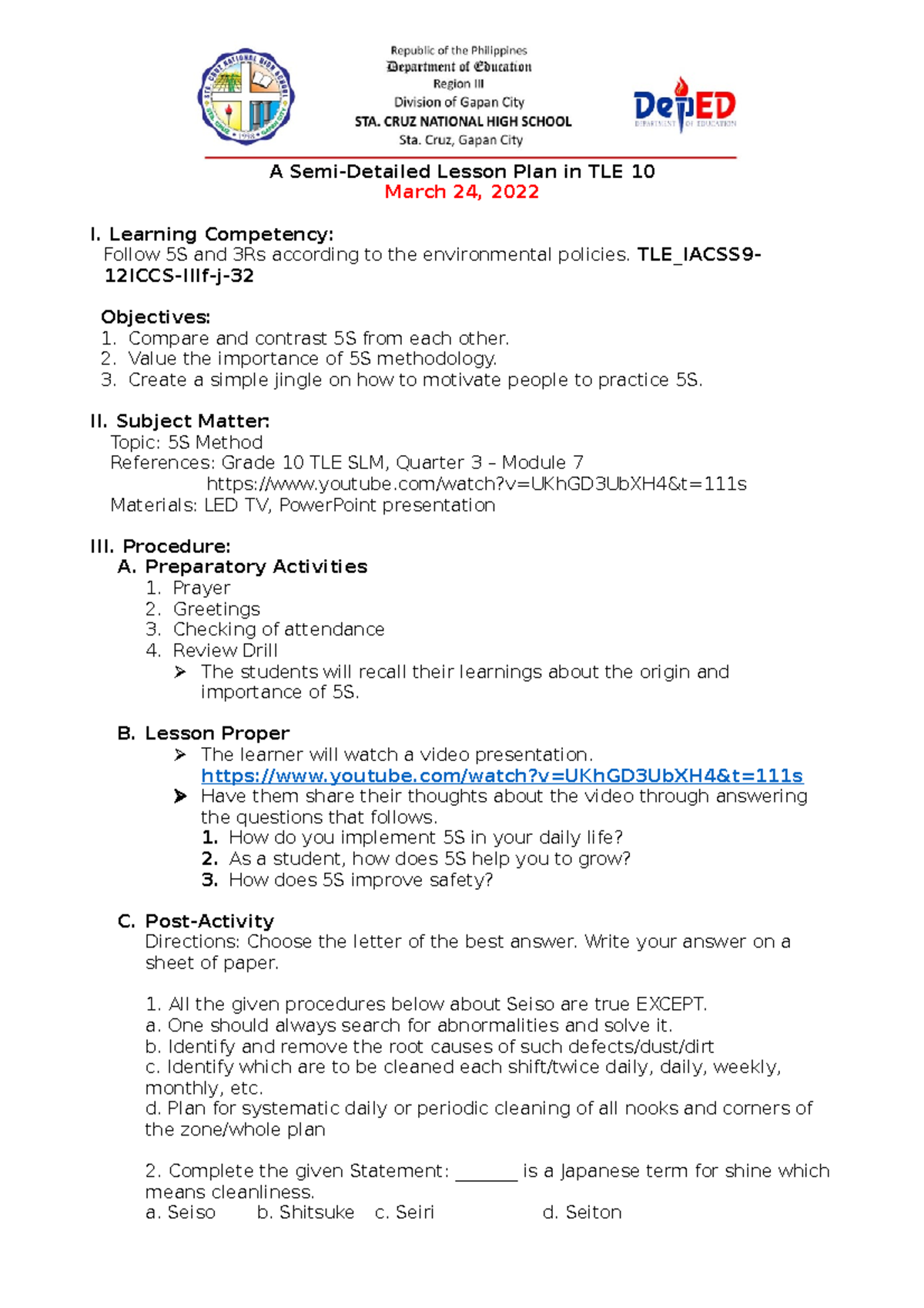 TLE 10 5S Activities - Semi-Detailed Lesson Plan and Evaluation - Studocu