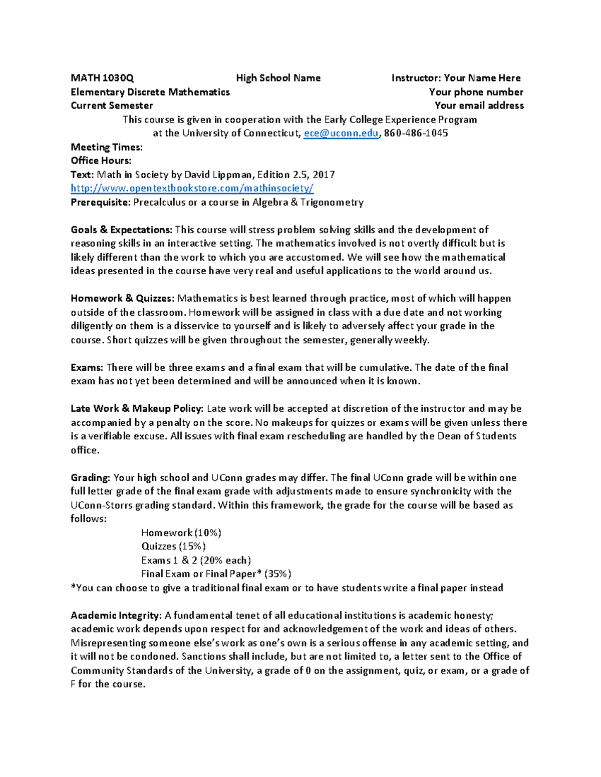 MATH 1030Q Sample Syllabus for Elementary Discrete Mathematics - Studocu