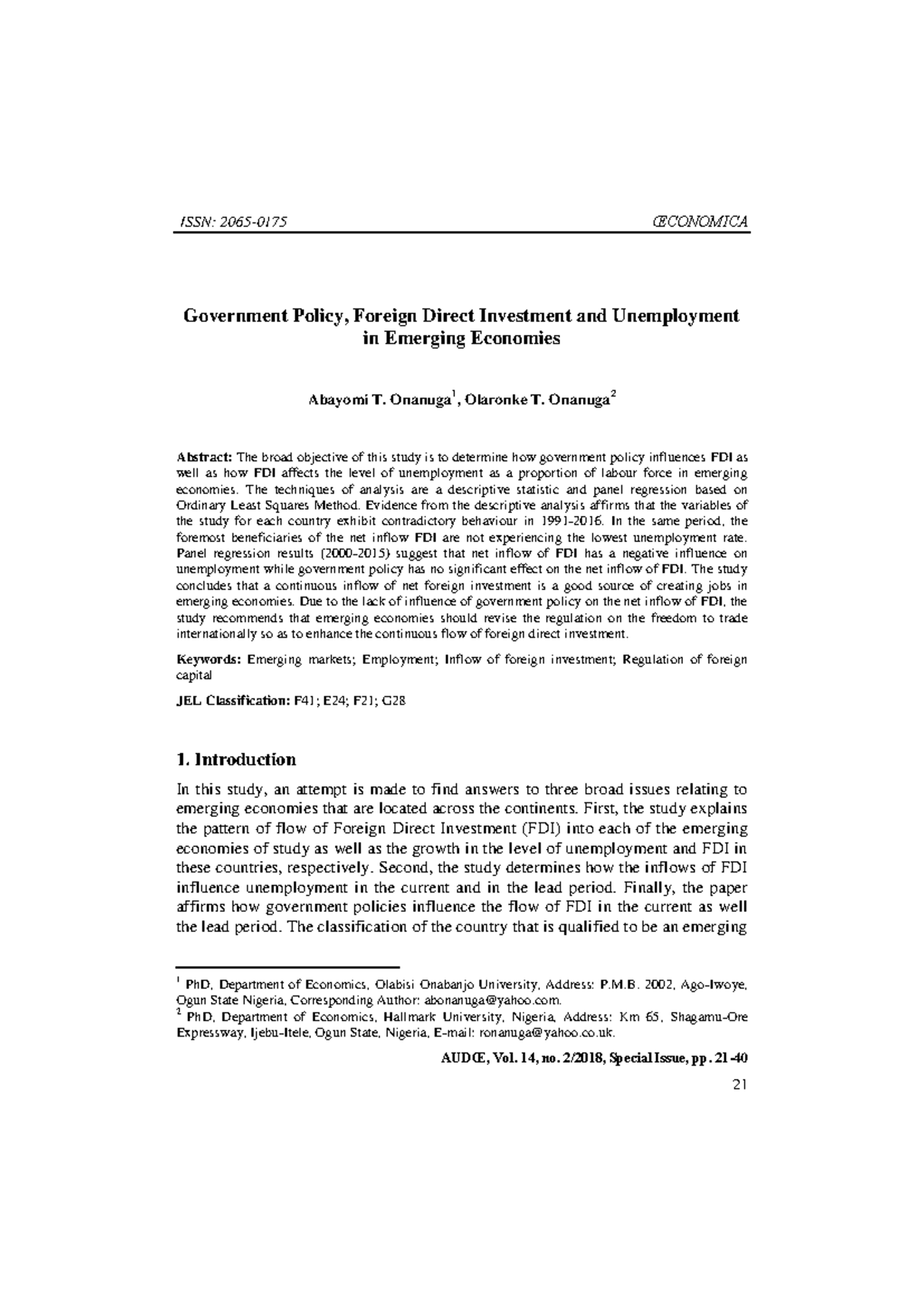 Government Policy, FDI, and Unemployment in Emerging Economies: A Study ...