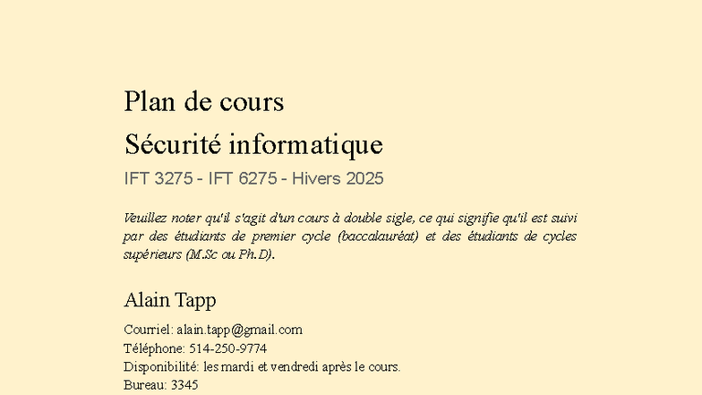 Plan de cours - IFT 3275 & IFT 6275 - Sécurité Informatique H2025 - Studocu