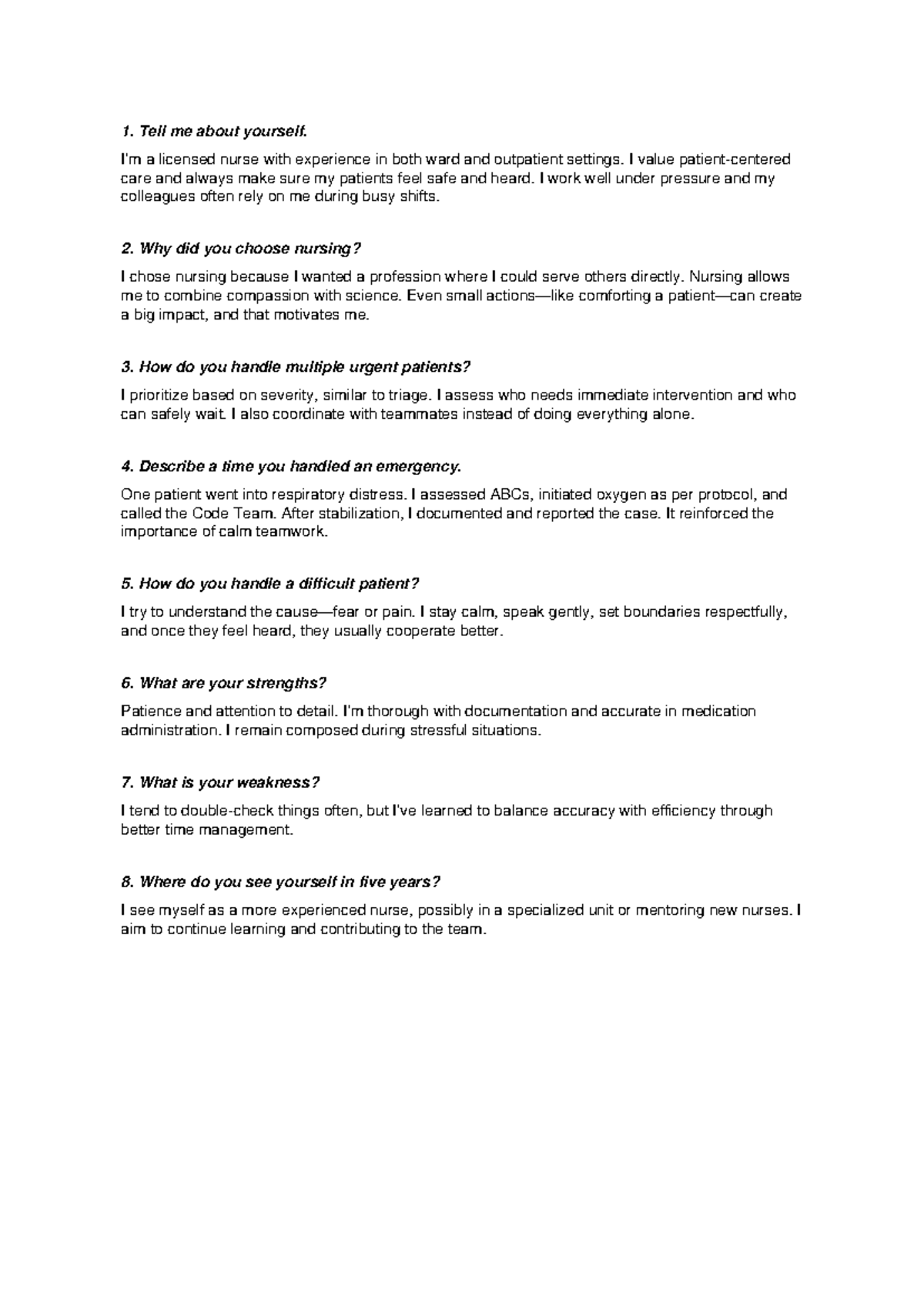 Nursing Interview Prep: Staff Nurse Cheat Sheet - Studocu