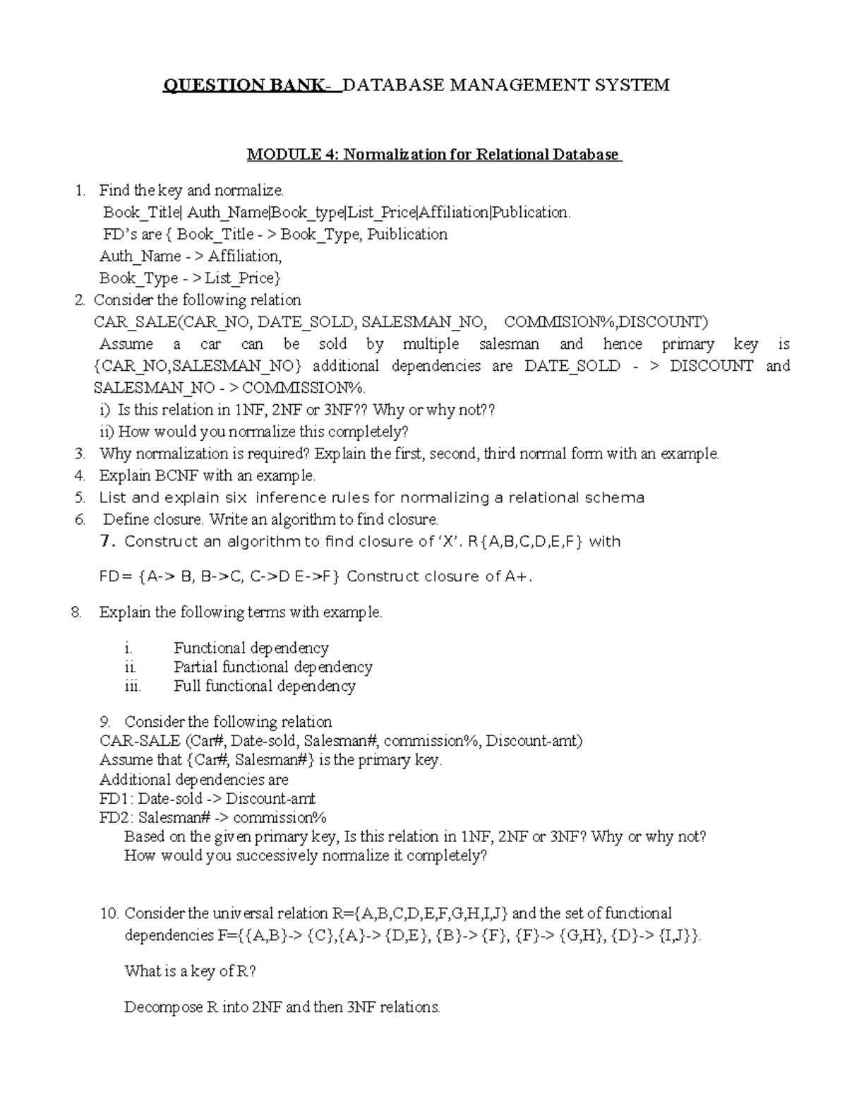 DBMS Question Bank - Module 4: Normalization & Functional Dependencies ...