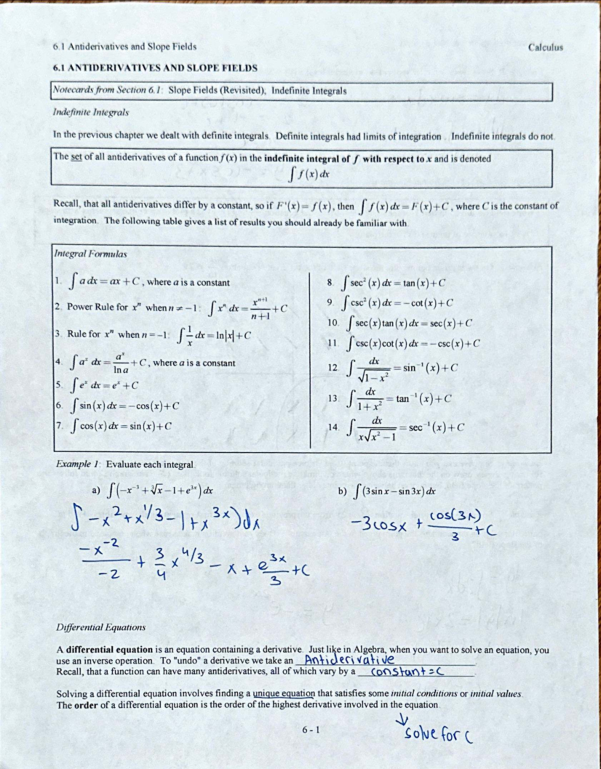 Calculus 6.1 & 6.2 Antiderivatives, Slope Fields, and Integration Notes ...