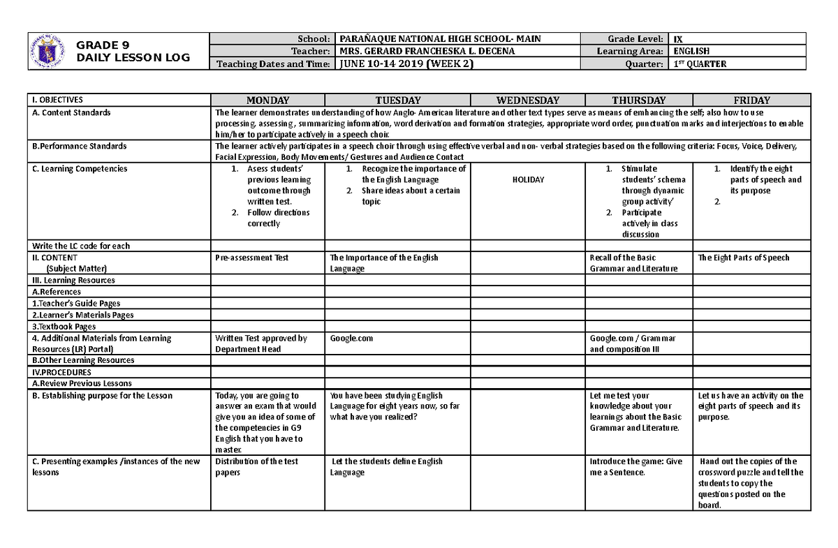 DLL Grade 9 Weekly Lesson Log: English - June 10-14, 2019 - Studocu