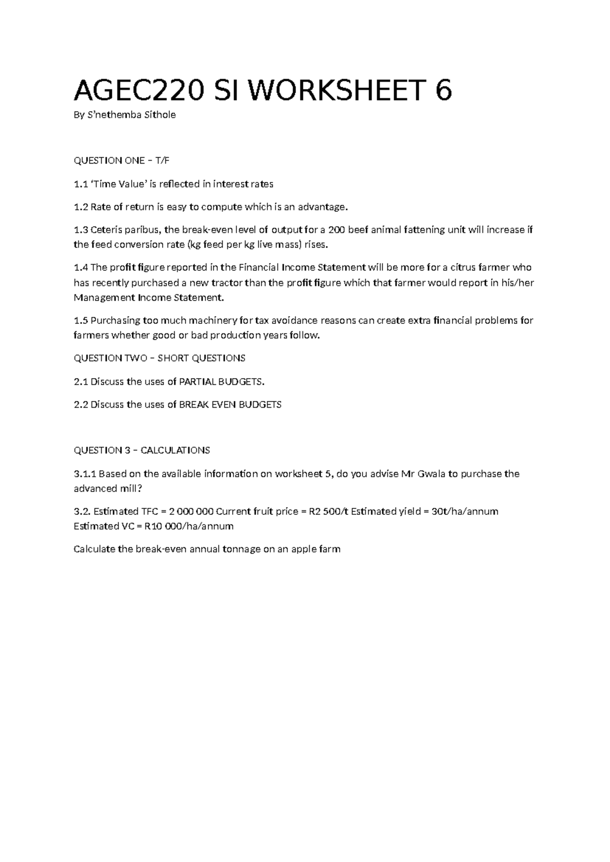 AGEC220 SI Worksheet 6 - Interest Rates, Budgets, and Calculations ...
