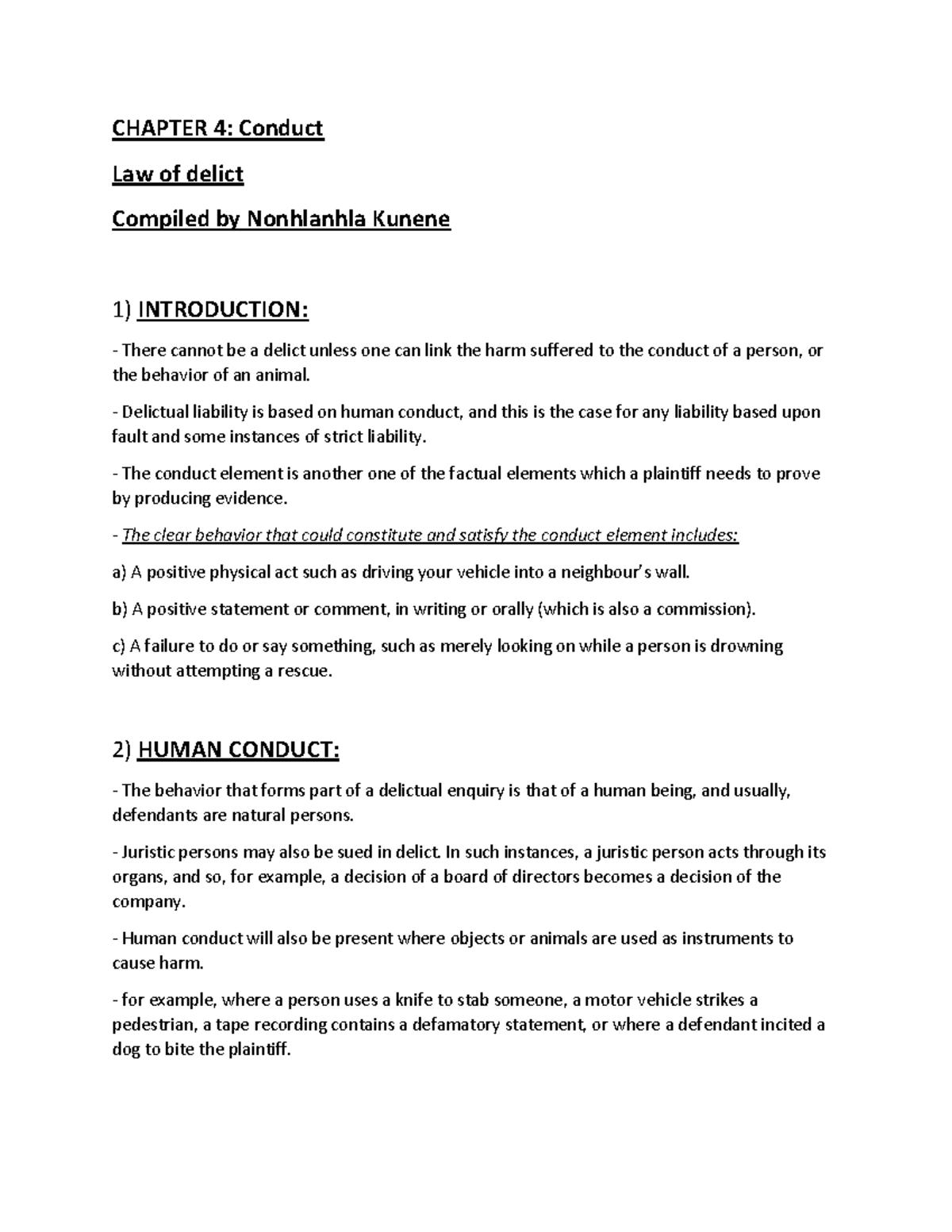 Chapter 4: Summary Notes on Conduct & Delictual Liability - Studocu