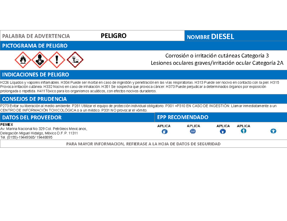 Etiqueta de Seguridad SGA para Diesel - Información y Peligros - Studocu