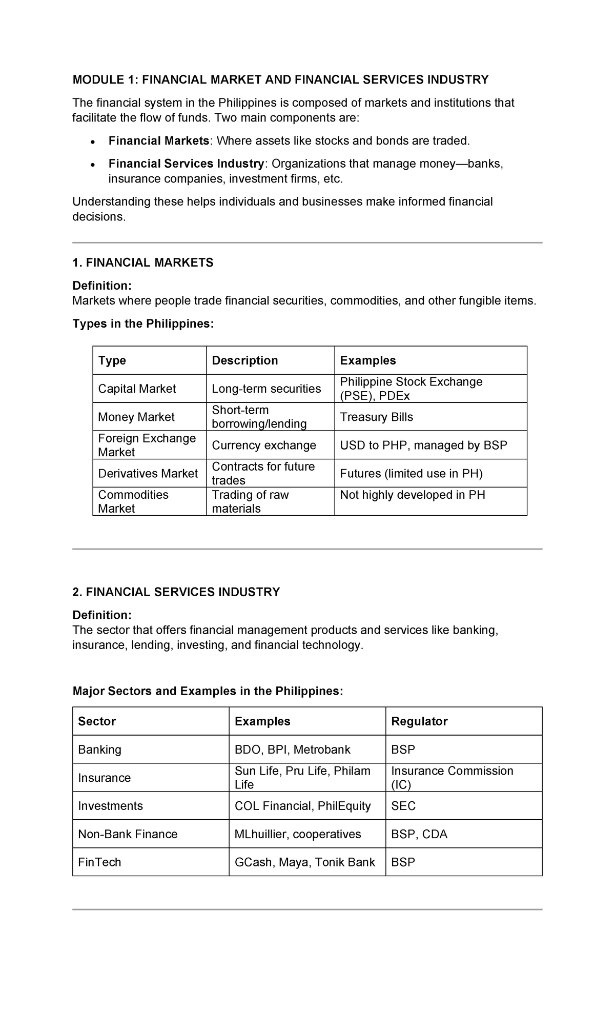 MODULE 1: FINANCIAL MARKETS & SERVICES IN THE PHILIPPINES - Studocu