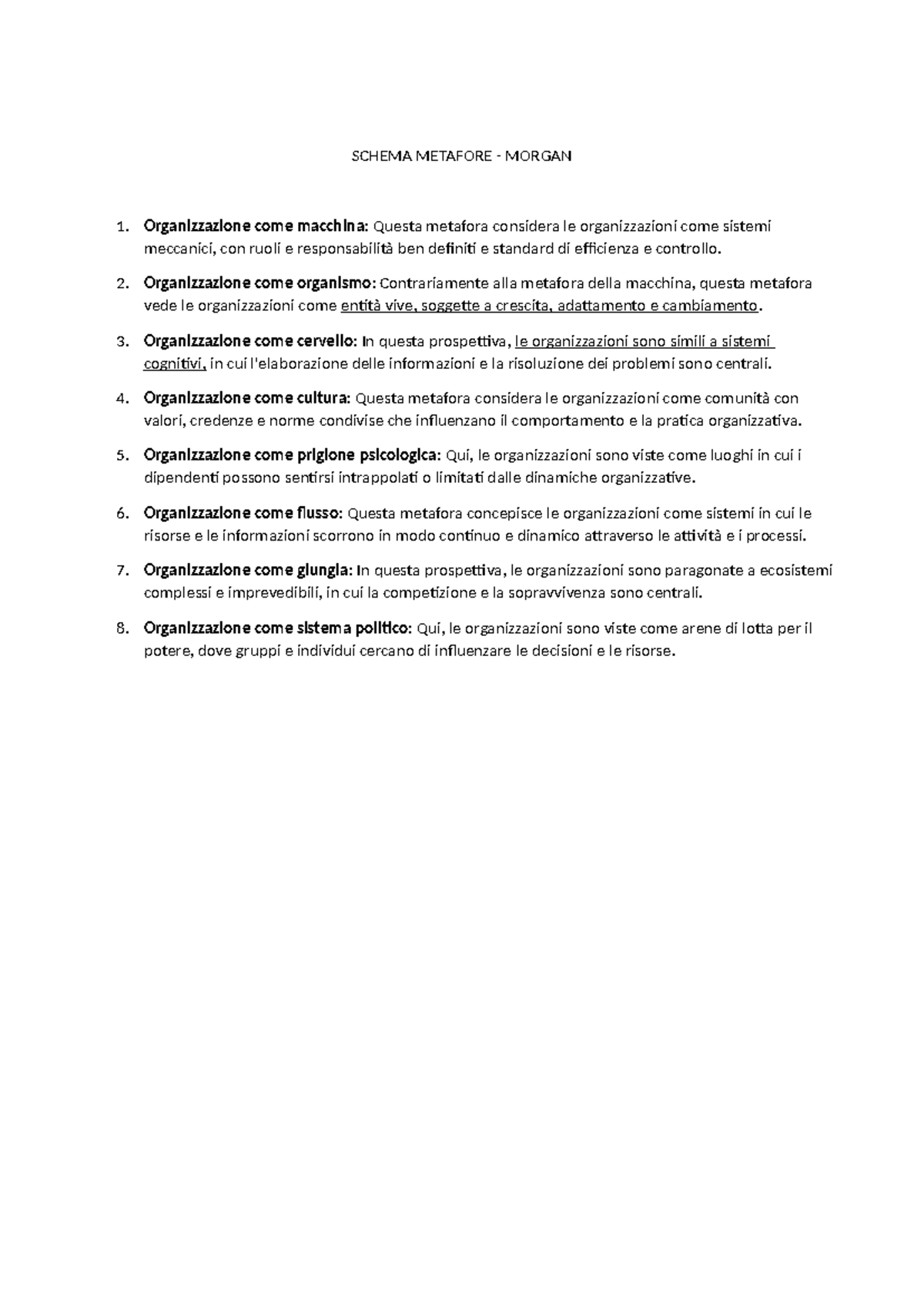 Schema Metafore nelle Organizzazioni - Analisi e Riflessioni - Studocu