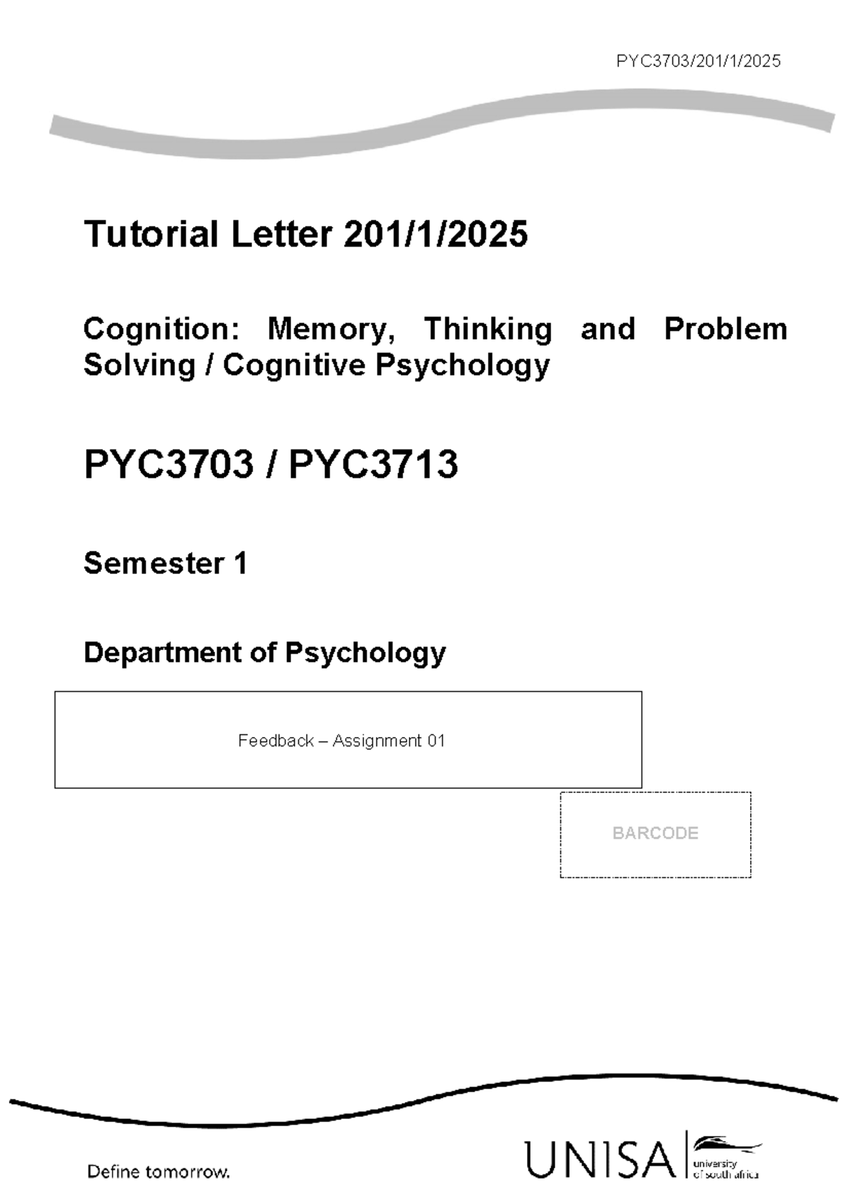 PYC3703/PYC3713 Tutorial Letter 01: Memory, Thinking & Problem Solving ...