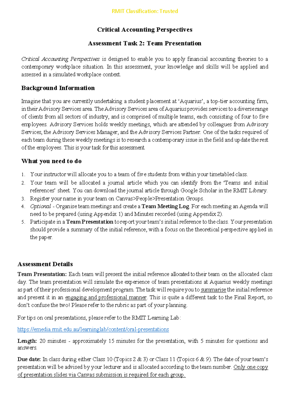ACCT1077 Team Presentation Guidelines: Critical Accounting Perspectives ...
