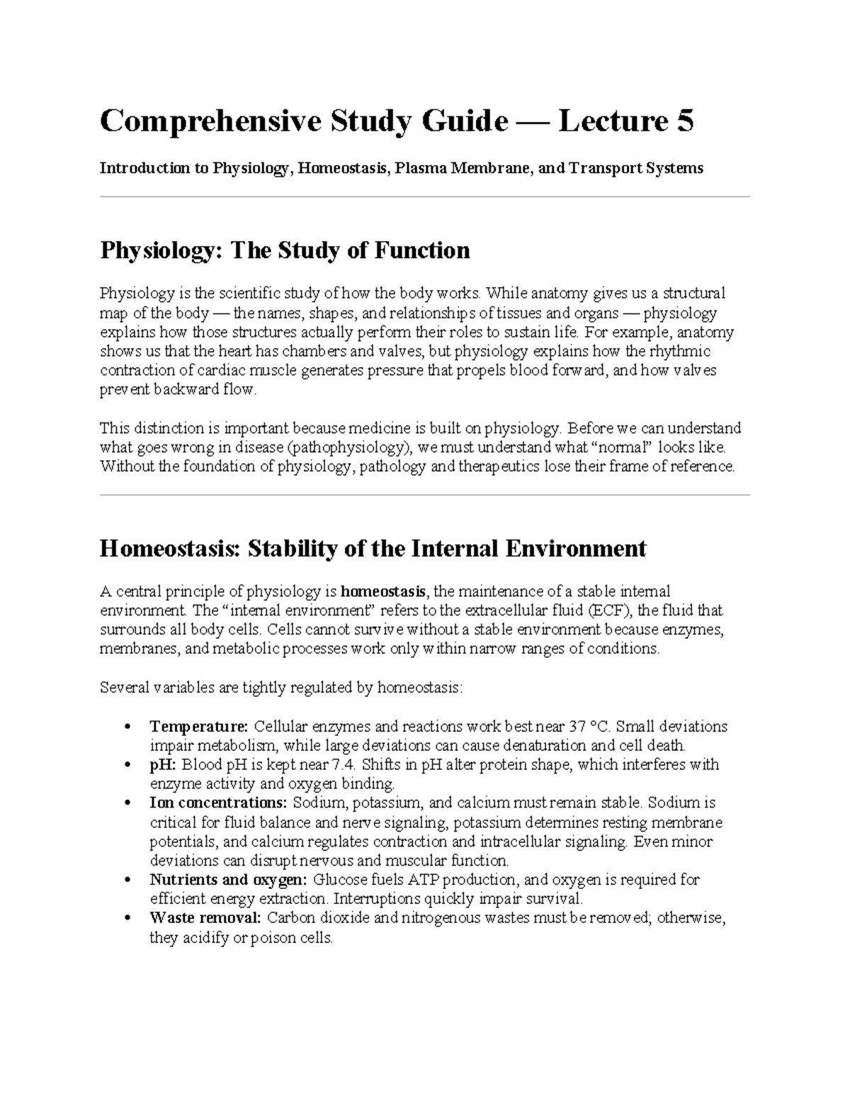 Comprehensive Study Guide - Physiology (Lecture 5): Homeostasis ...