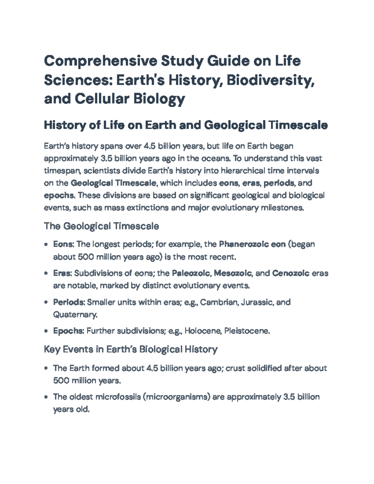 Comprehensive Study Guide for Life Sciences (BIO101): Earth's History ...