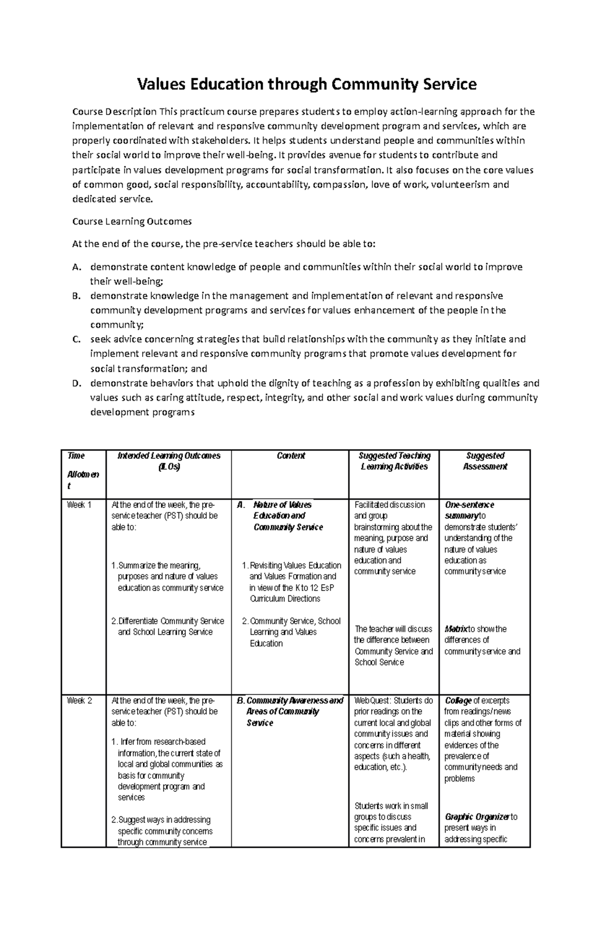 Syllabus: Community Service and Values Education (Val Ed 101) - Studocu