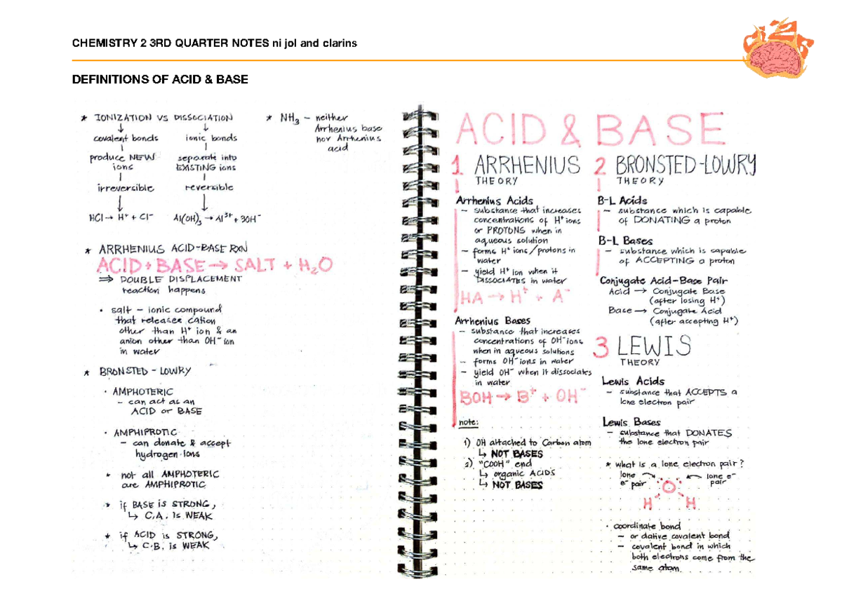 Chem Q3 Notes - —-—-—- DEFINITIONS OF ACID & BASE —-—-—- WATER ...