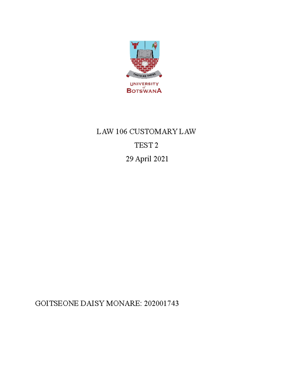 106 assignement - An assignment of the Customary law of Botswana. - LAW ...