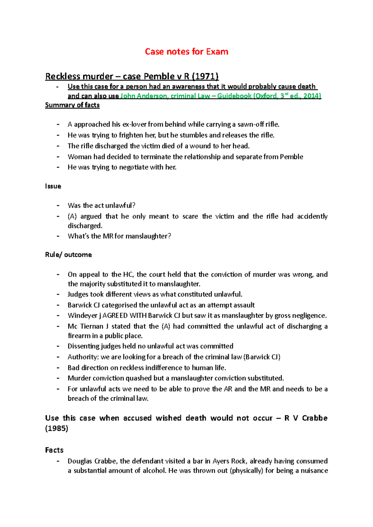 Case Notes for Criminal Law Exam: Reckless Murder Analysis - Studocu
