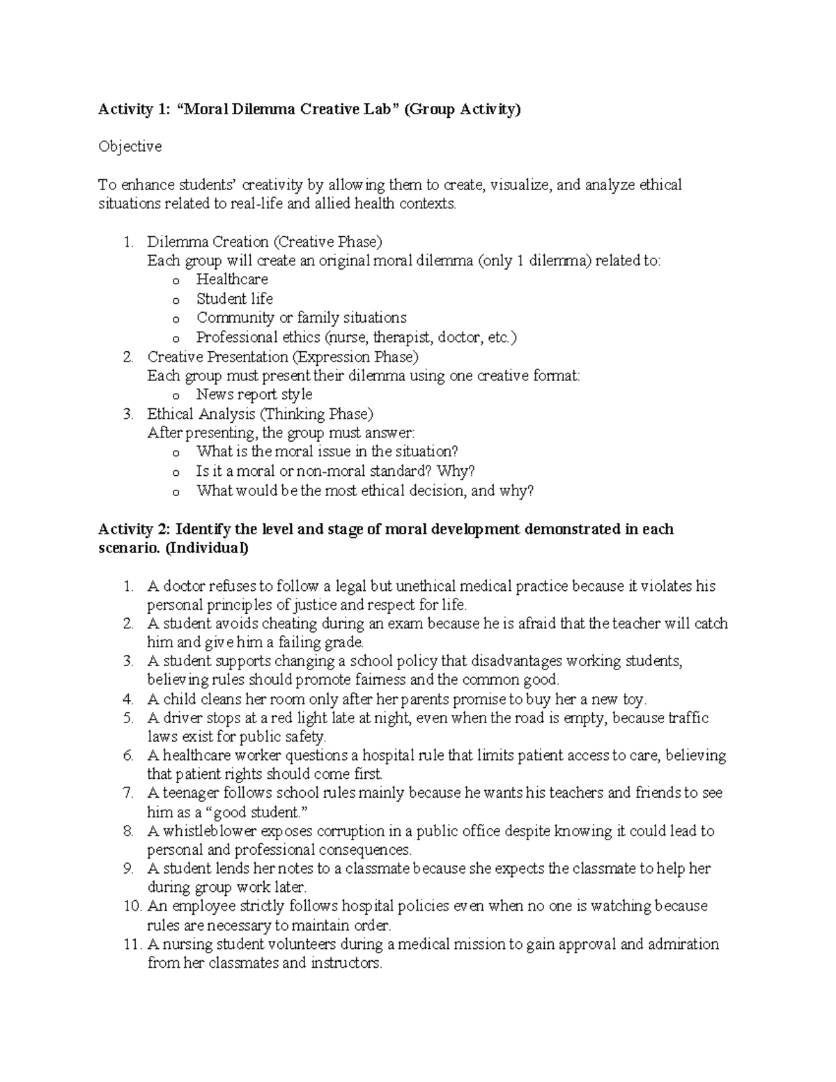 Activity 1 & 2: Ethical Dilemmas & Analysis in Healthcare - Studocu