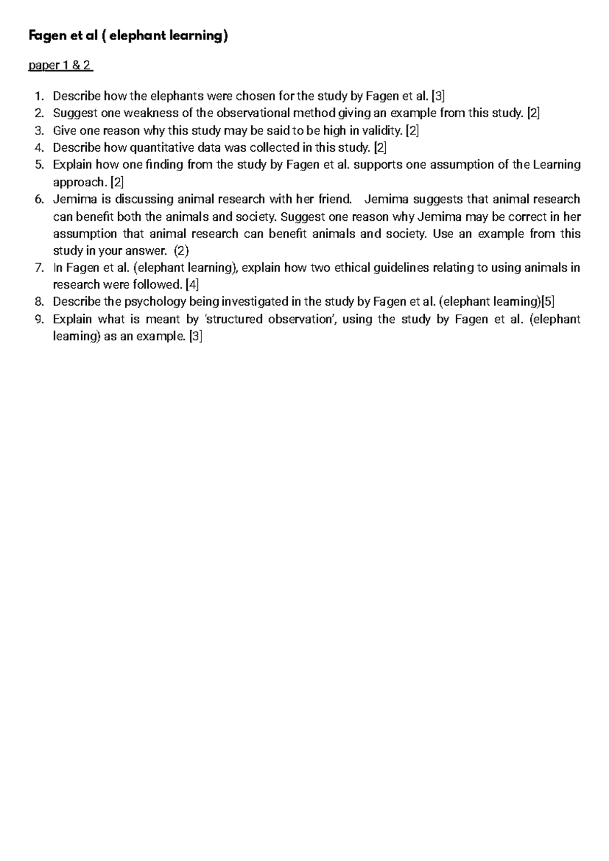 Fagen et al. (Elephant Learning) Study Analysis and Insights - Studocu