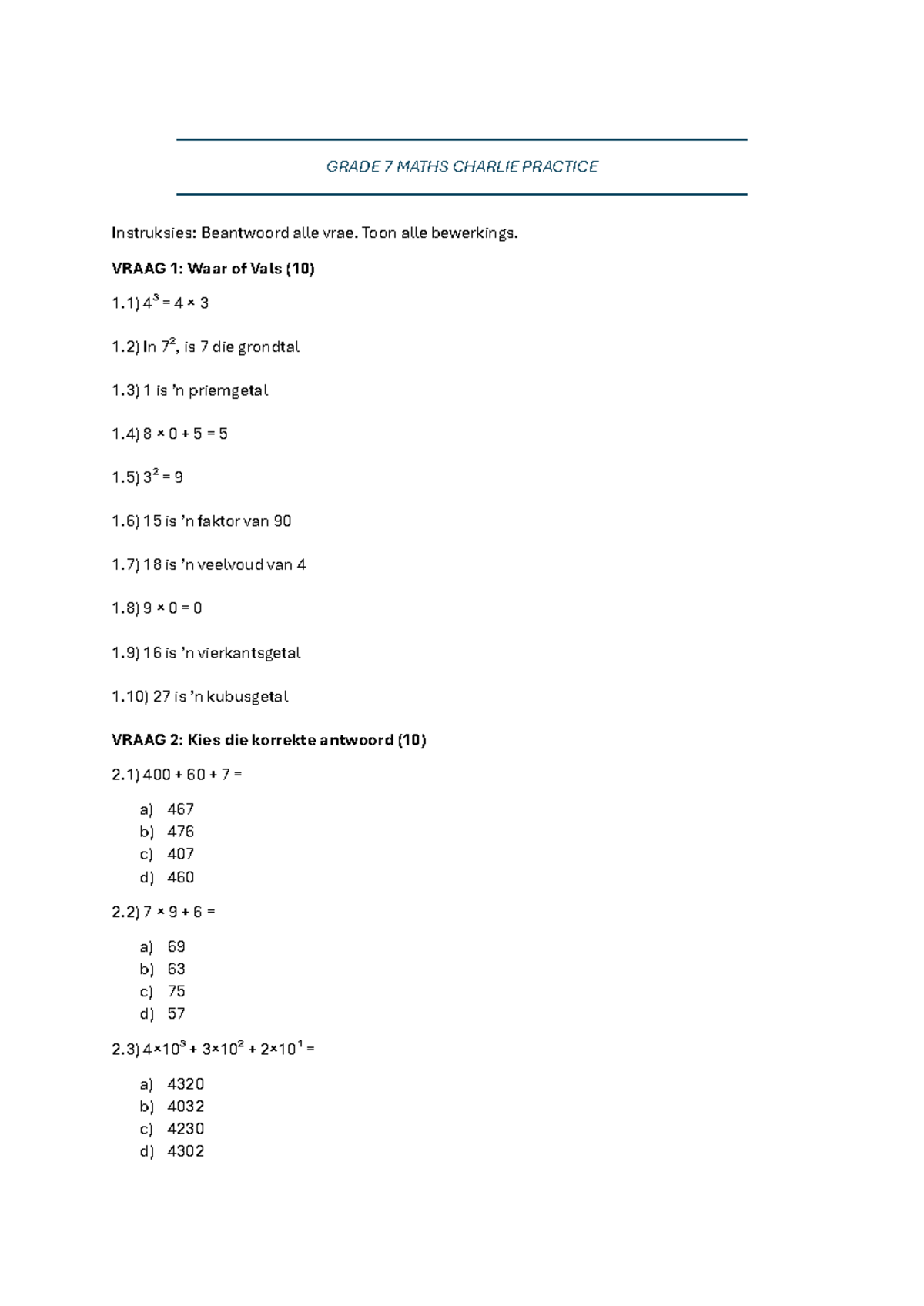 GRADE 7 MATHS PRACTICE TEST INSTRUCTIONS AND QUESTIONS - Studocu