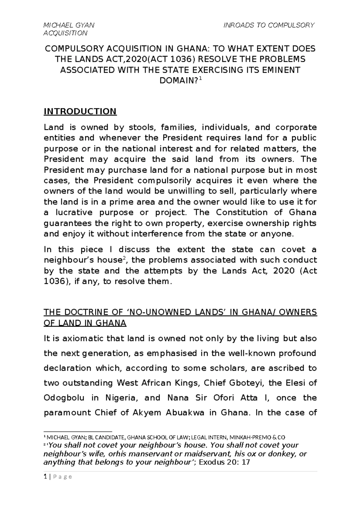 Lecture Notes on Compulsory Acquisition in Ghana (Lands Act 2020) - Studocu