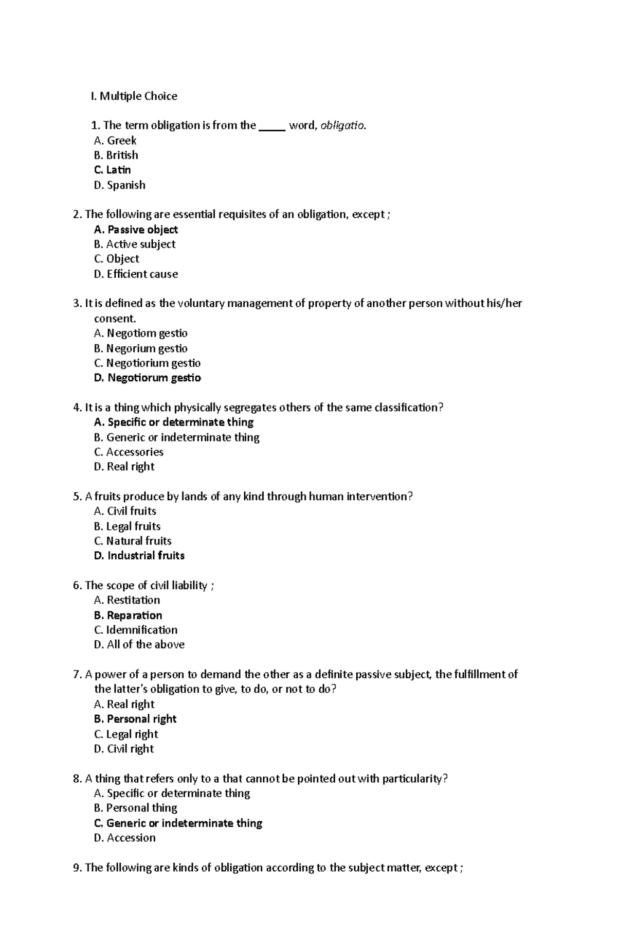 Obligations and Contracts Sample Questions - I. Multiple Choice The ...