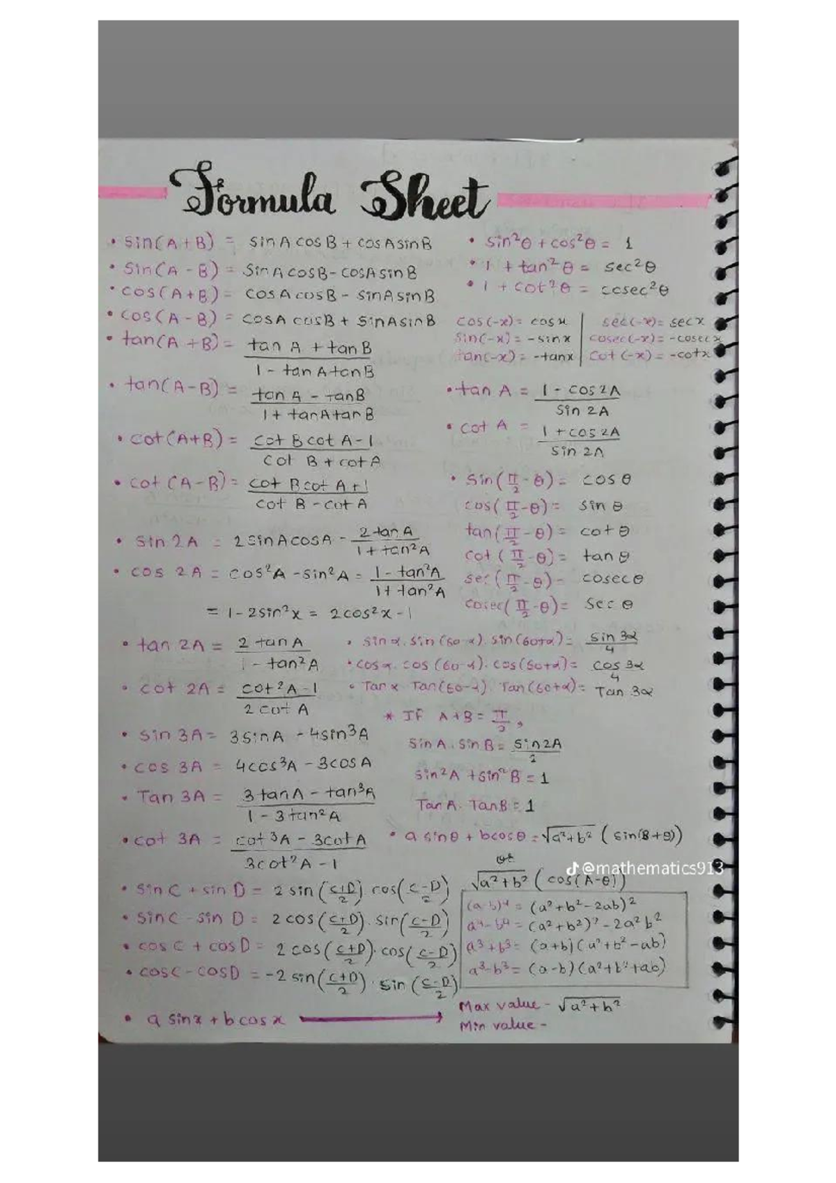 Trigonometry Formula Cheat Sheet - Math 101 Final Exam Guide - Studocu