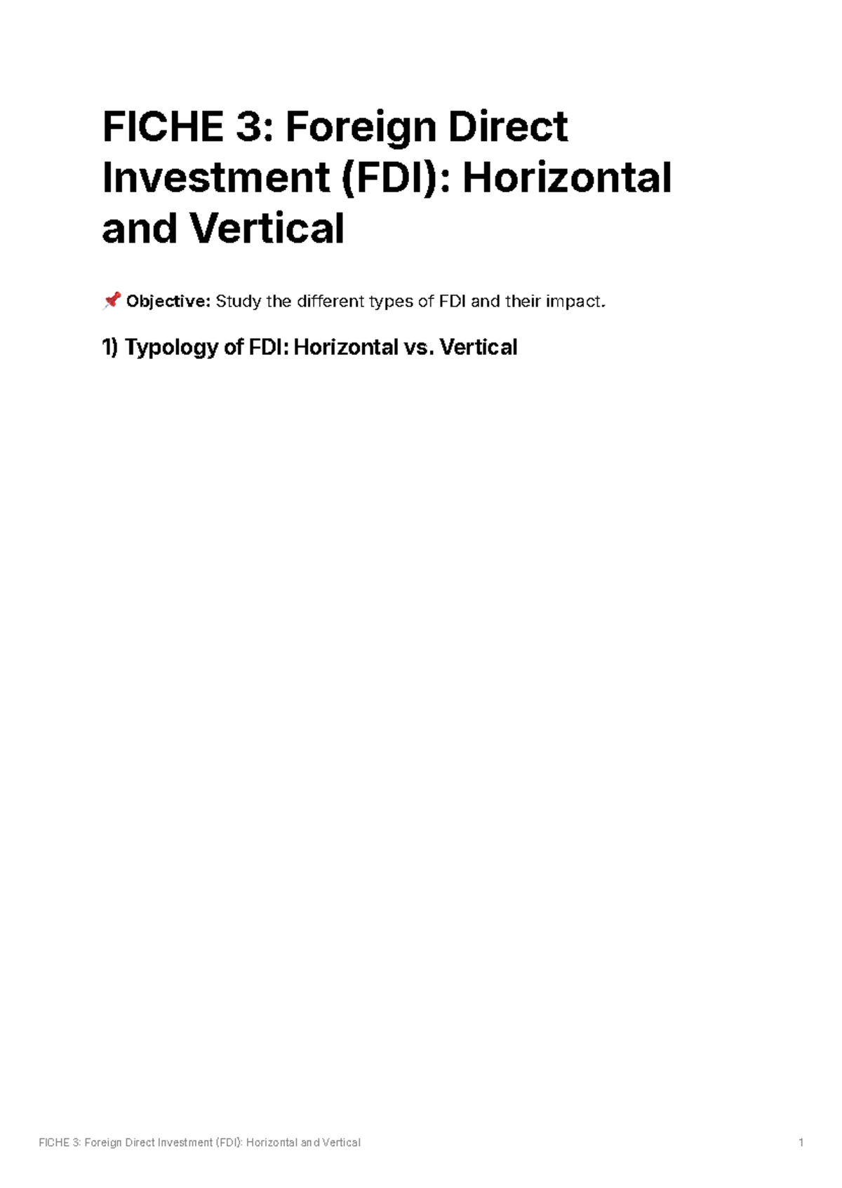 FICHE 3: Understanding FDI Types - Horizontal & Vertical Analysis - Studocu