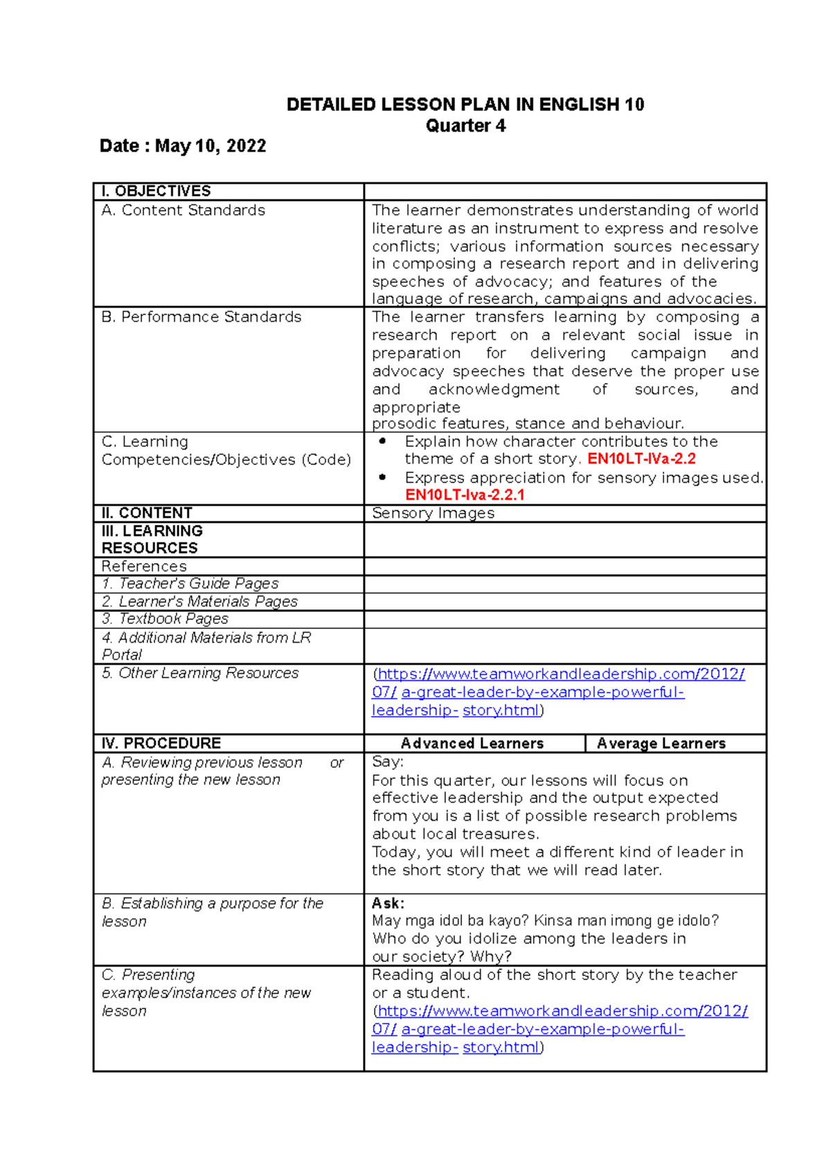 Detailed Lesson PLAN IN English 10 quarter 4 - DETAILED LESSON PLAN IN ...