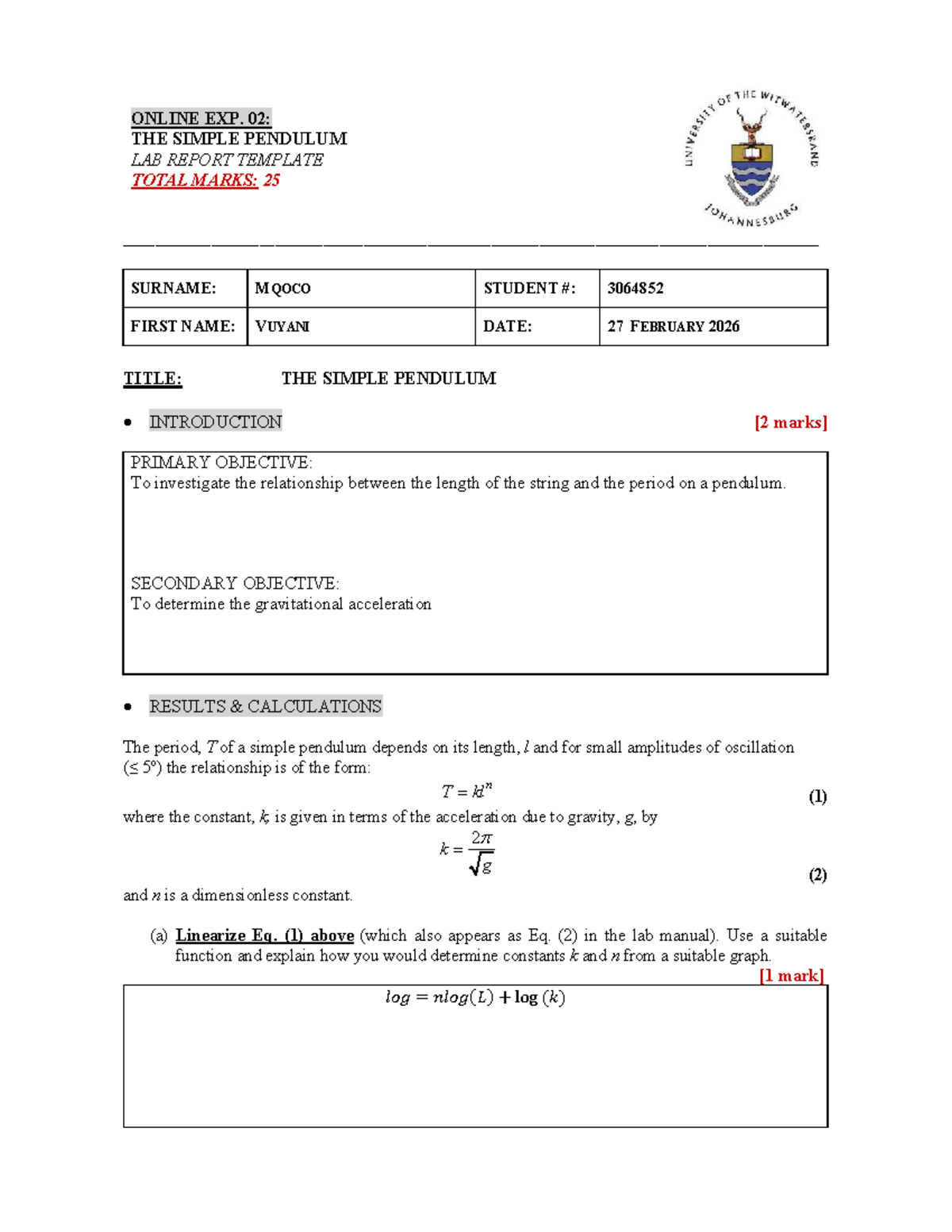 Simple Pendulum Lab Report Template (ONLINE EXP. 02) - Studocu