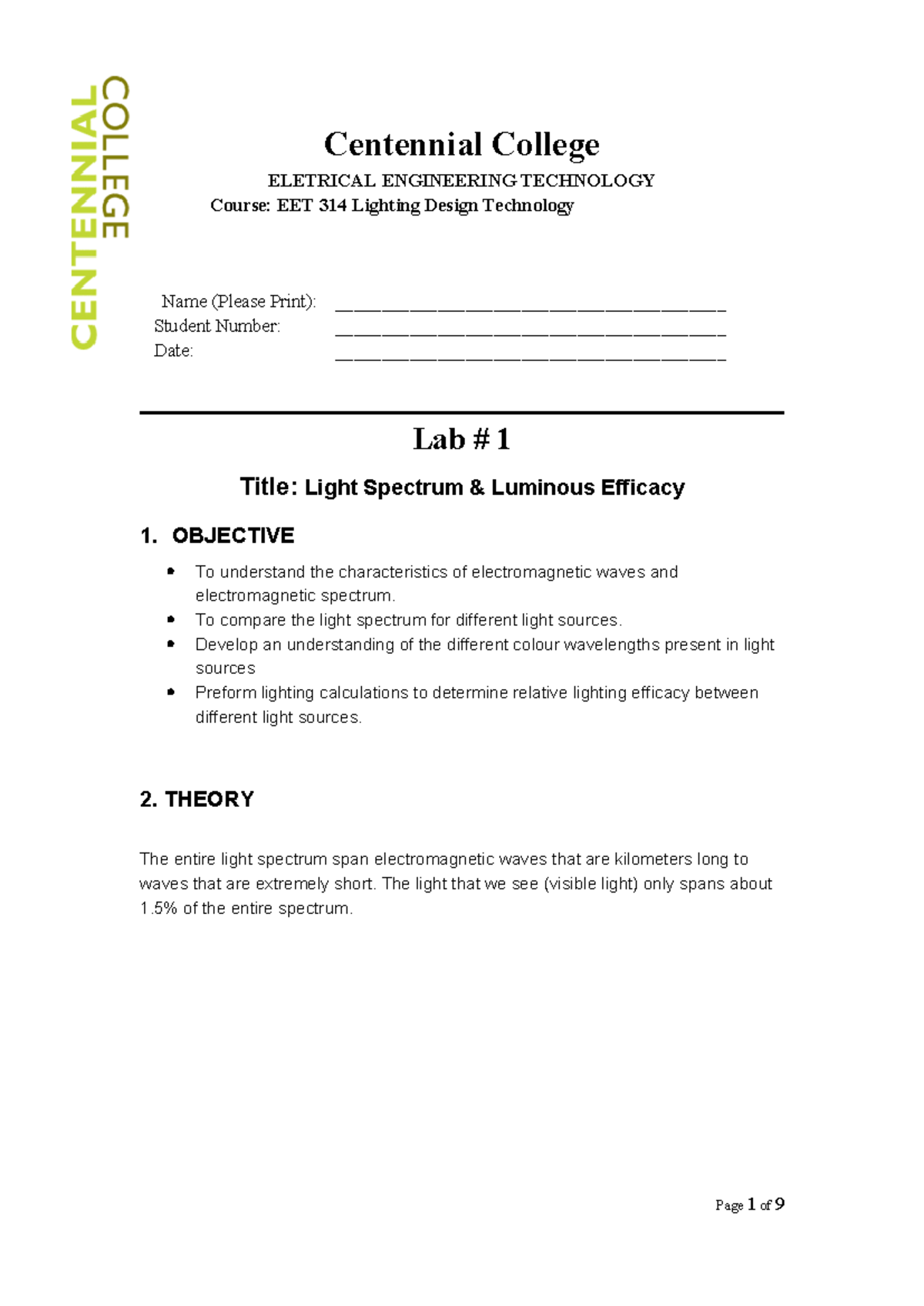 Lab 1: Light Spectrum & Luminous Efficacy - EET 314 - Studocu