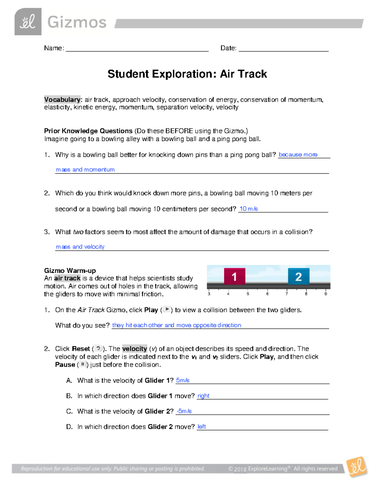 Air Track SE: Exploring Momentum and Velocity in Collisions - Studocu