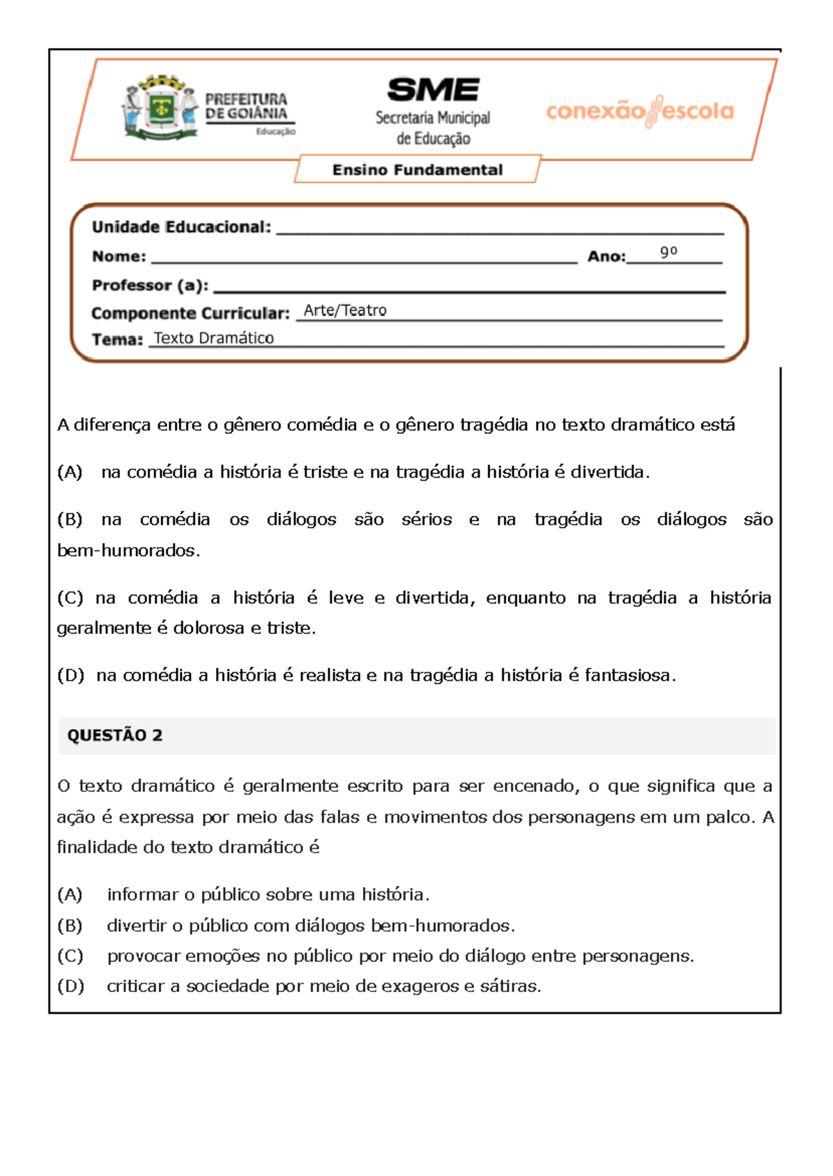 Atividade 2 - Análise dos Gêneros do Texto Dramático - Studocu