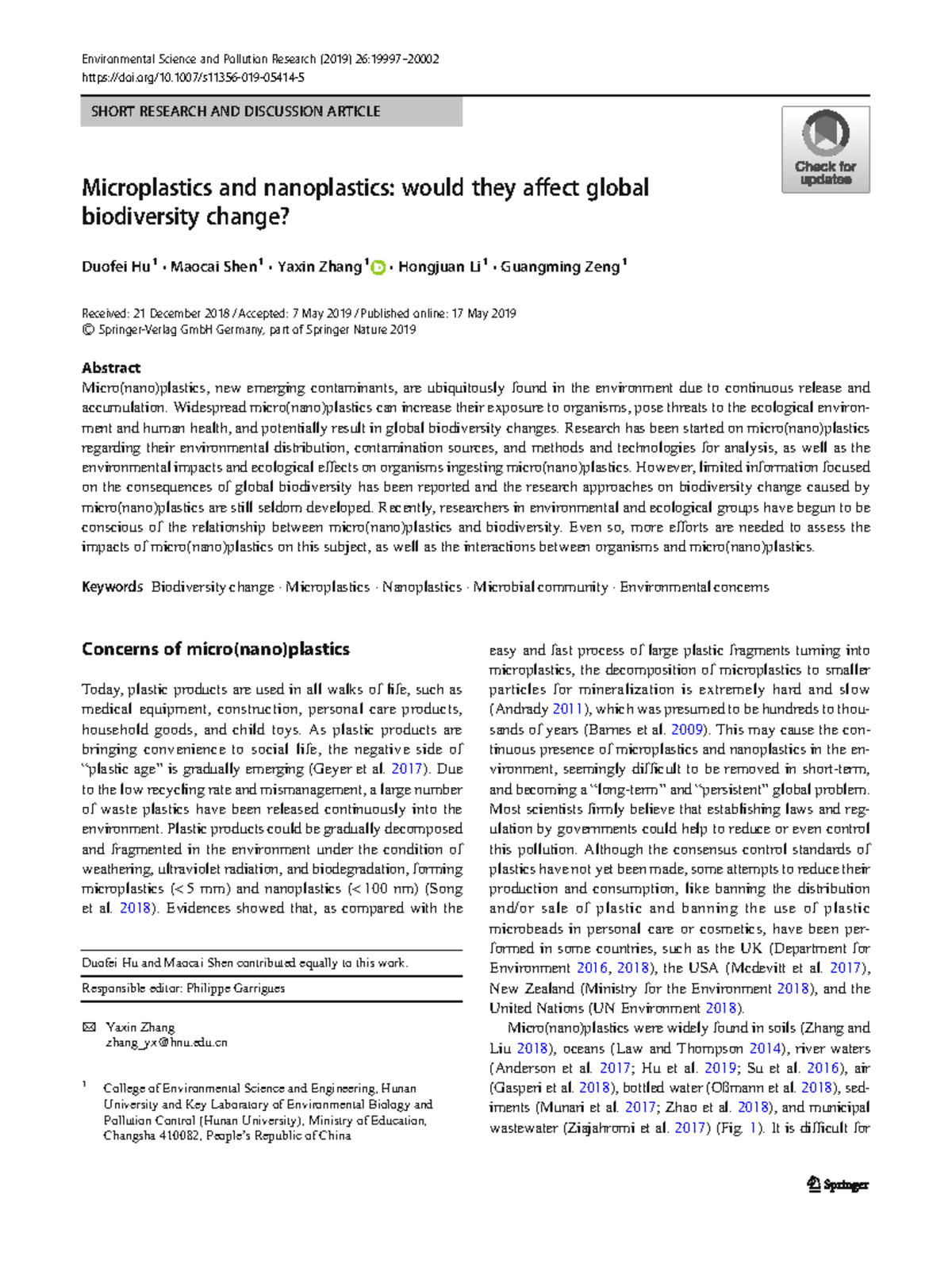 Microplastics and Nanoplastics: Effects on Global Biodiversity (ENV ...