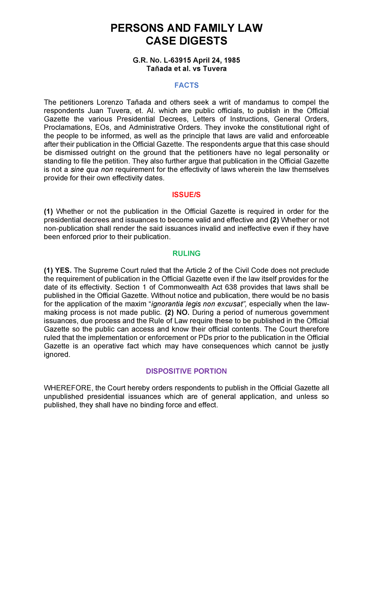 PAFL Case Digest: Tañada et al. vs Tuvera (G.R. No. 1985) - Studocu