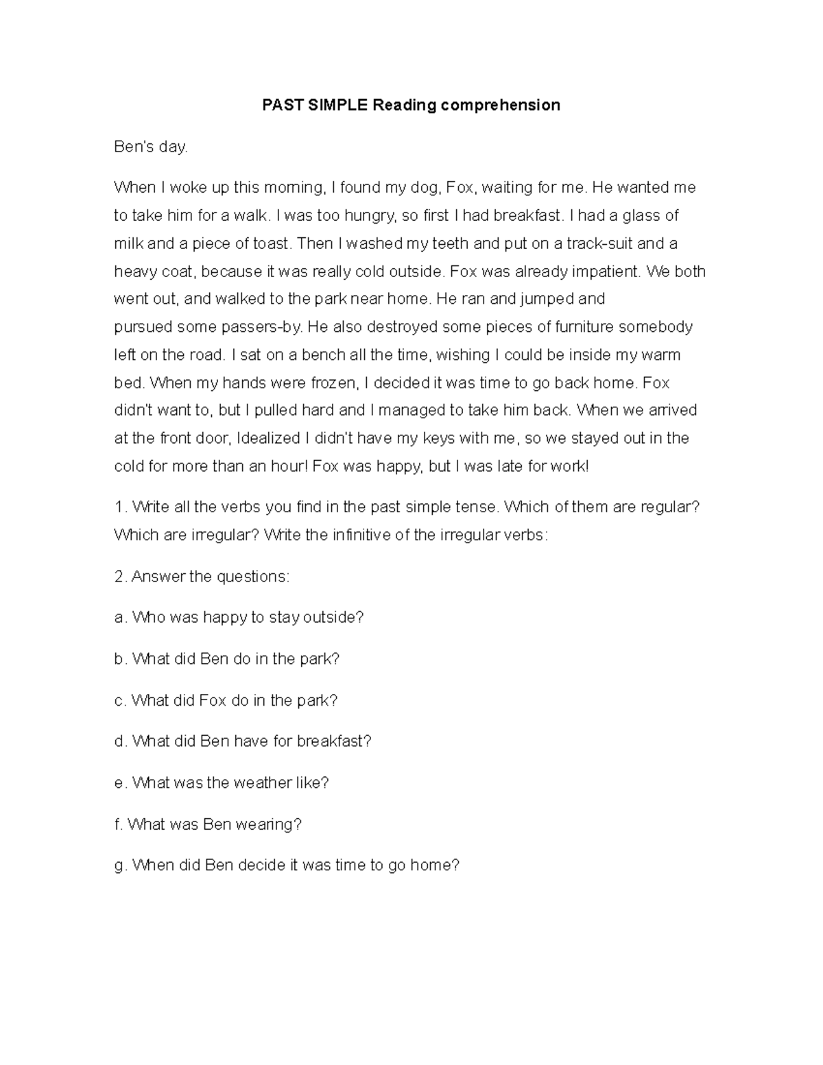 PAST Simple Reading Comprehension Exercise and Questions - Studocu