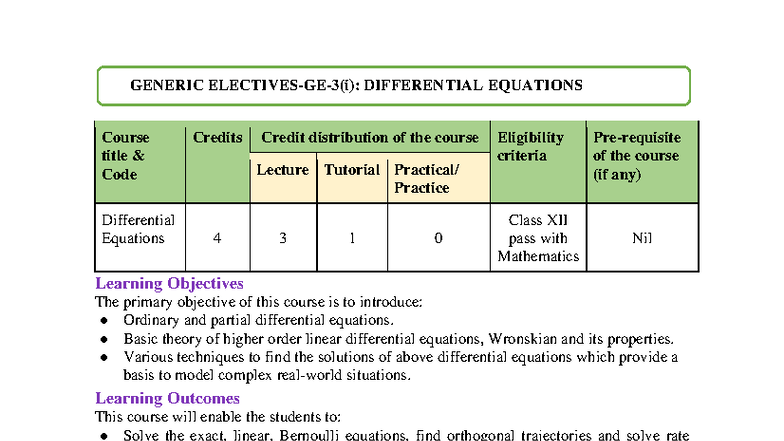 Syllabus for GE 3: Differential Equations Course Overview - Studocu