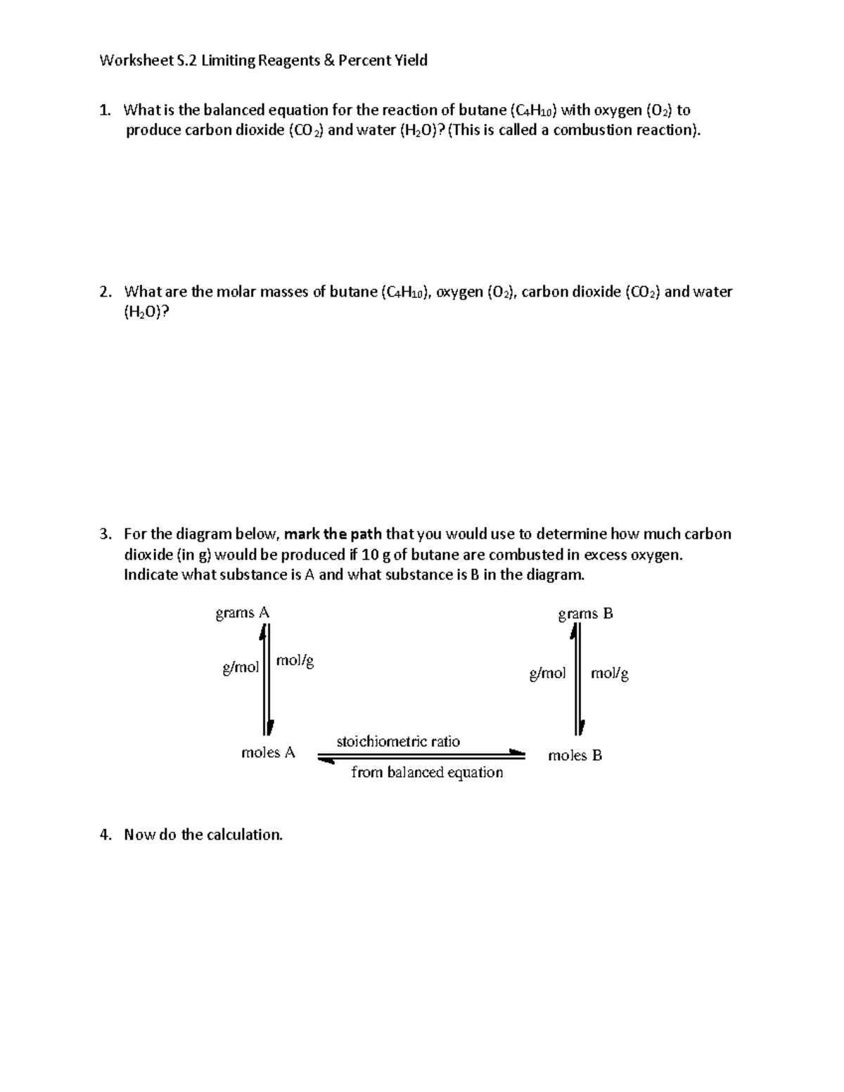 Worksheet S.2 Limiting Reagents and Percent Yield - Worksheet S ...
