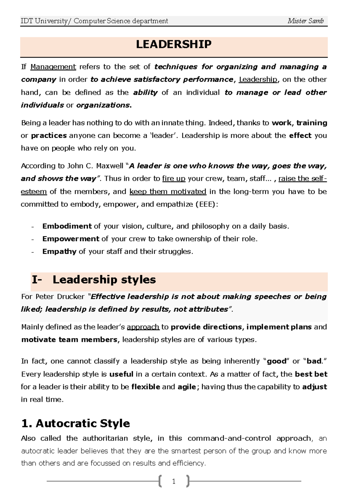 IDT University - Leadership Styles Handout for CS Dept. - Studocu
