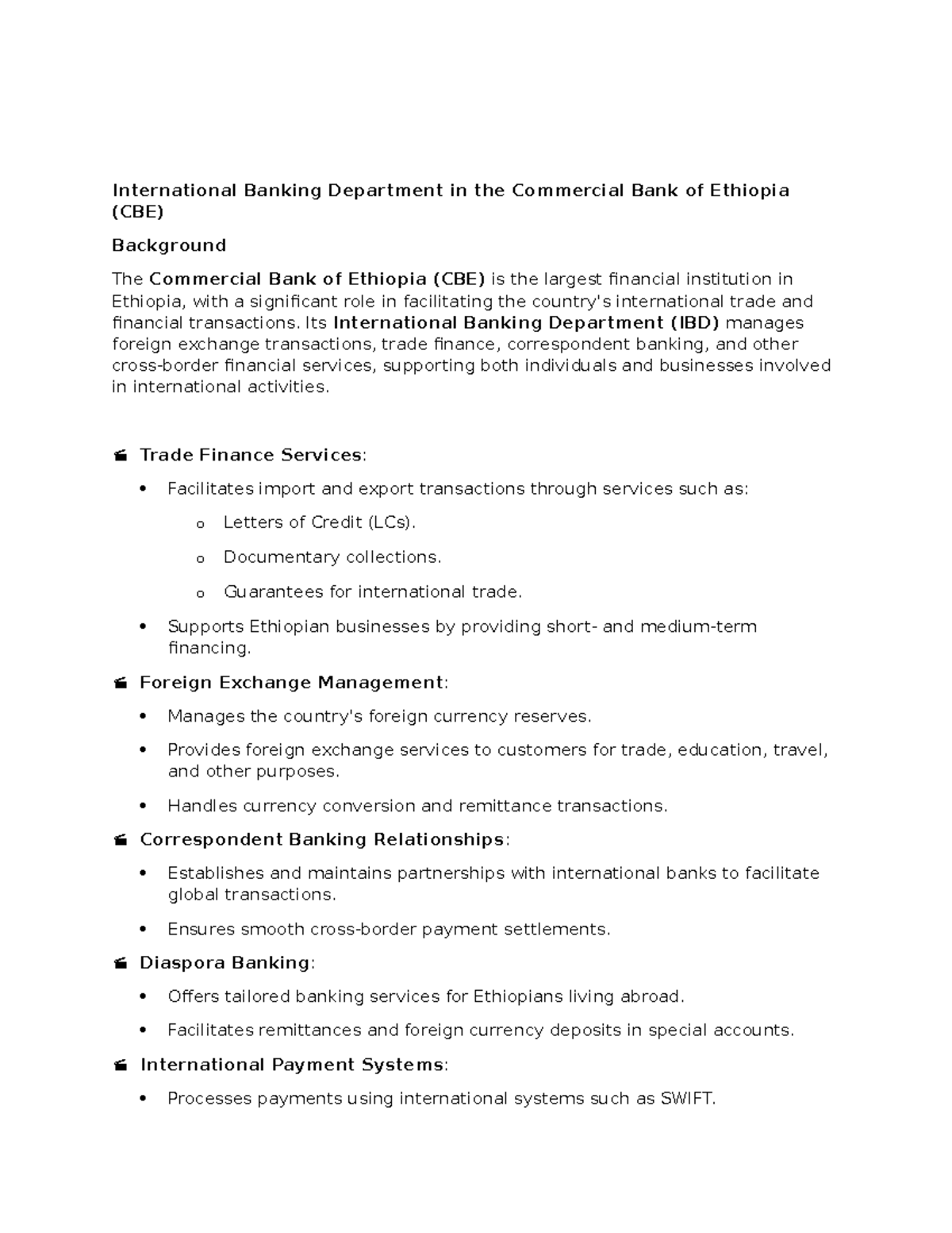 CBE International Banking Services Overview and Key Offerings - Studocu