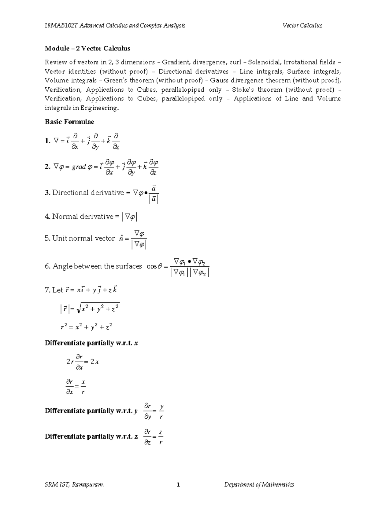 18MAB102T Advanced Calculus and Complex Analysis: Vector Calculus Unit ...