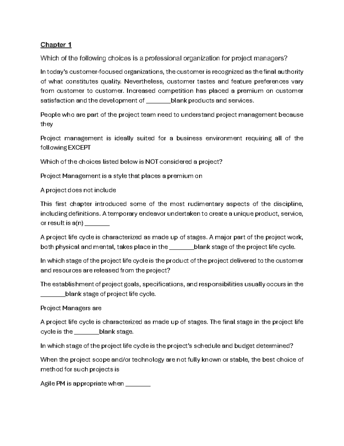 Business Project Management Quiz Bank (Chapters 1-4) - Studocu