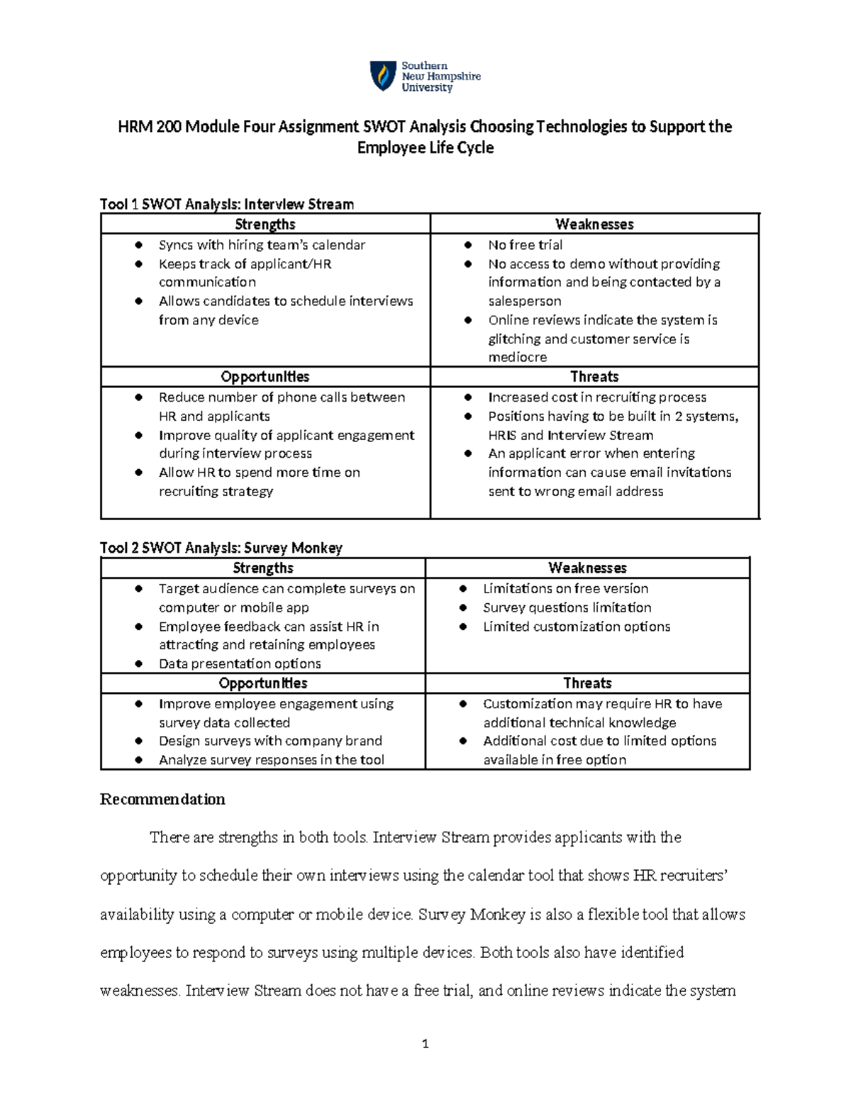 HRM 200 Module Four Assignment: SWOT Analysis of Interview Stream ...