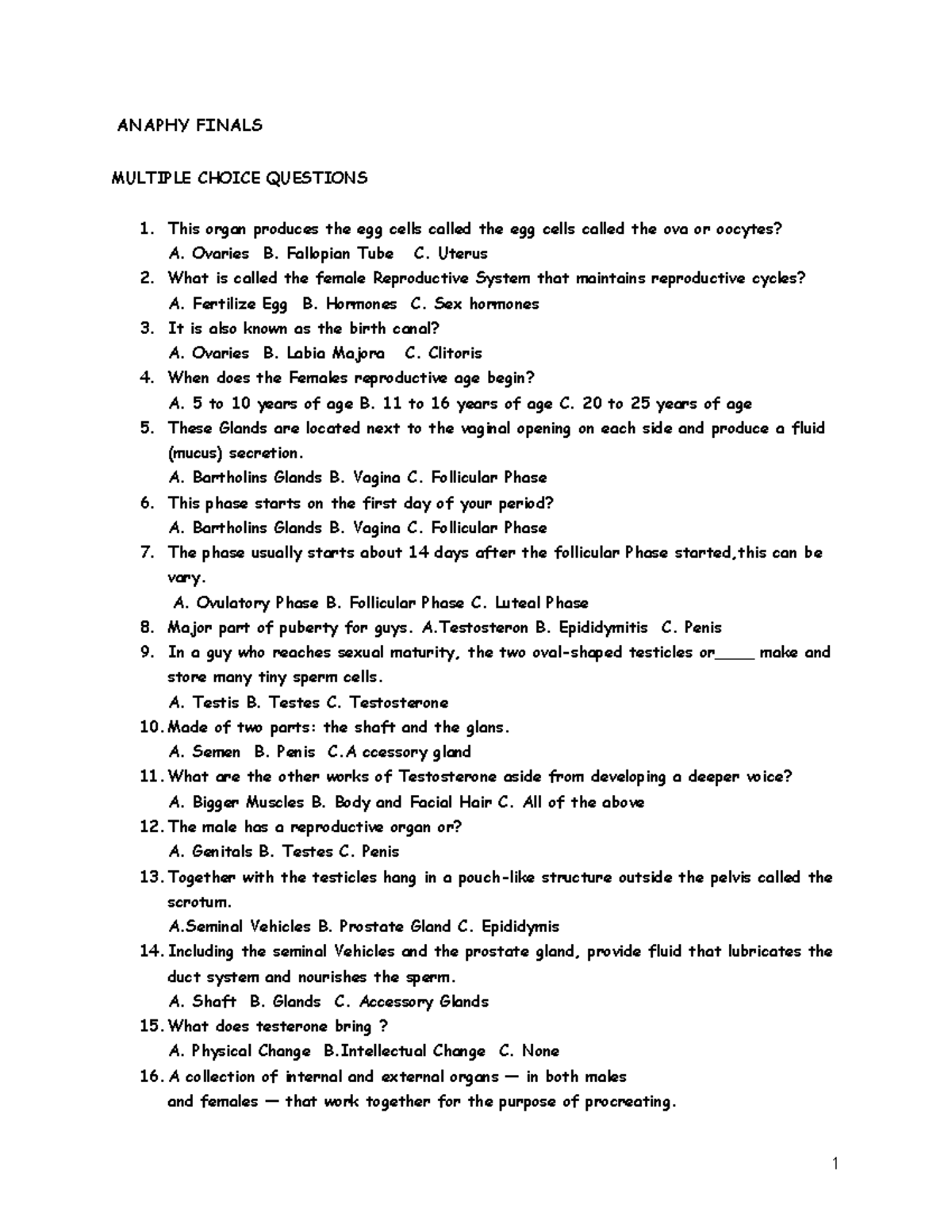 ANAPHY 101 - Finals Sample Test Questions and Answers - Studocu