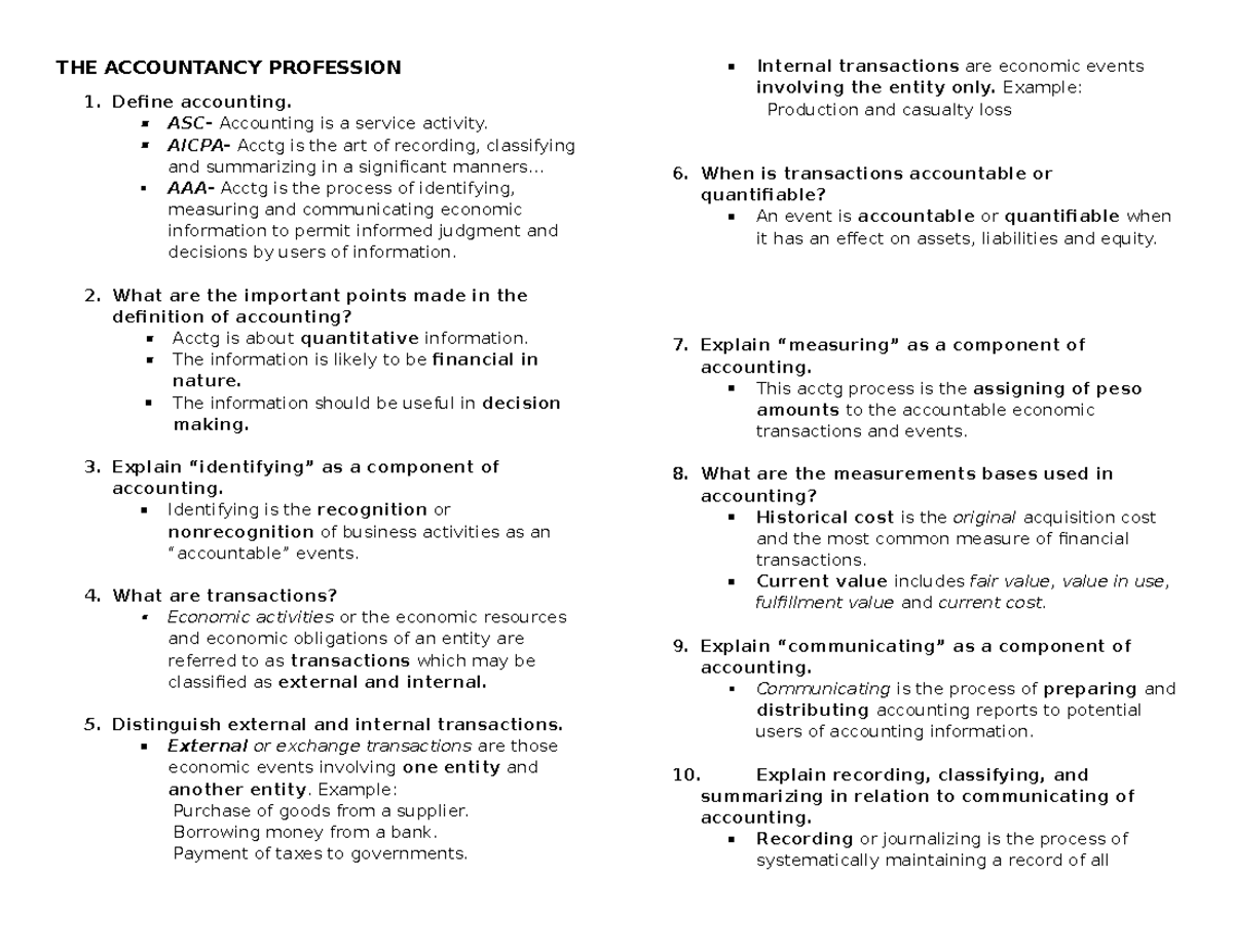 C1 The accountancy profession - THE ACCOUNTANCY PROFESSION 1. Define ...