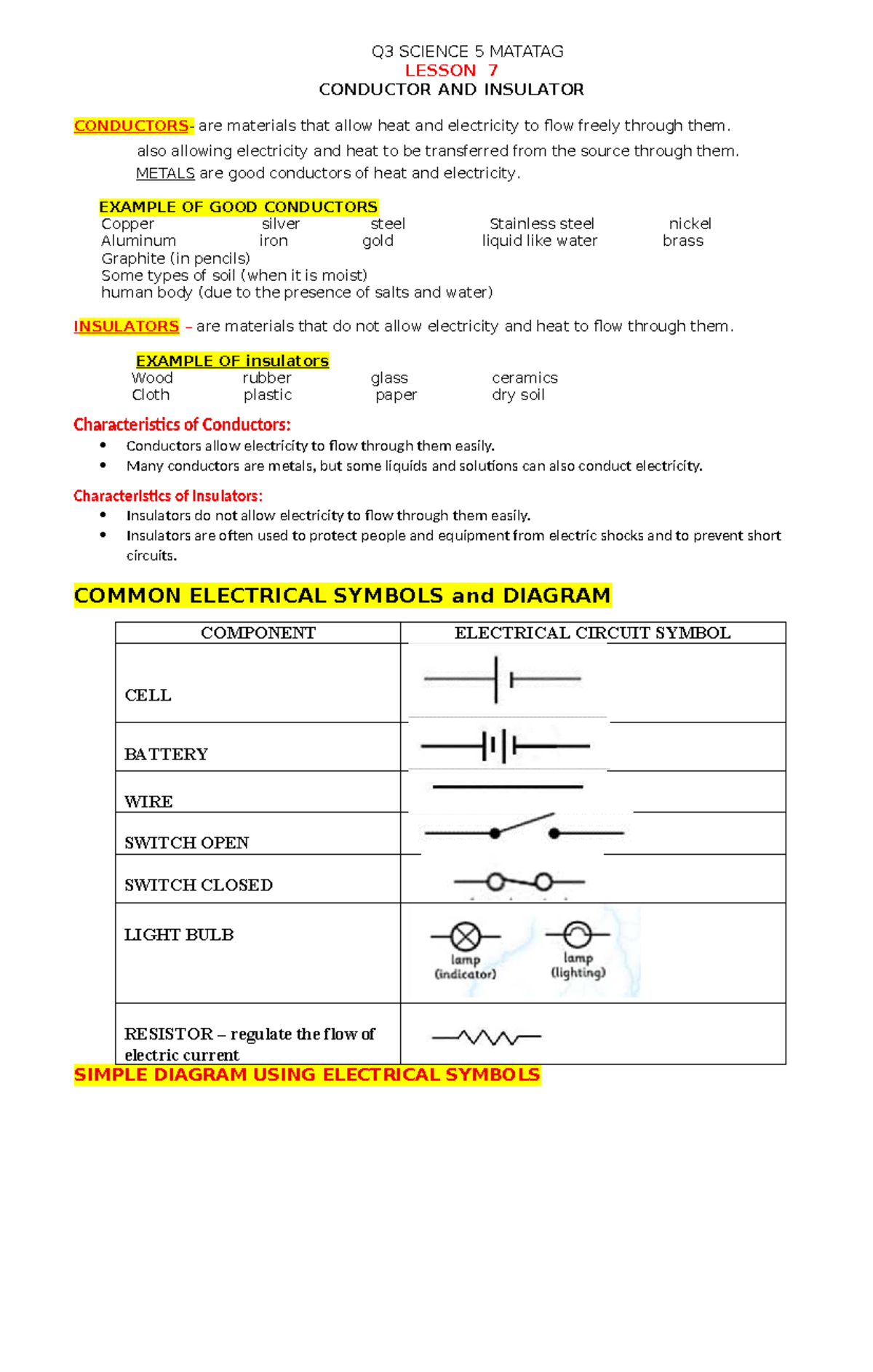Q3 SCIENCE 5 MATATAG LESSON 7: CONDUCTORS & INSULATORS - Studocu
