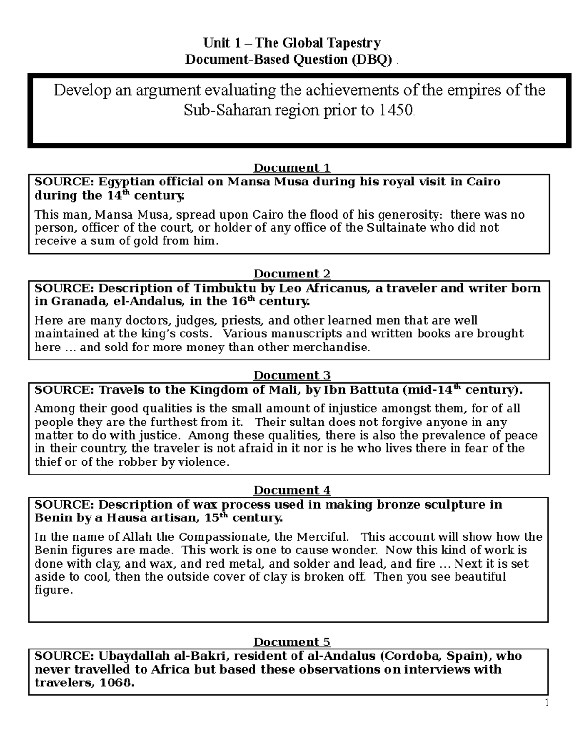 Unit 1 - Africa DBQ - Unit 1 – The Global Tapestry Document-Based ...