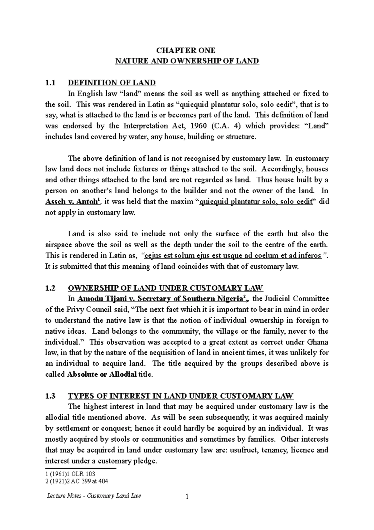 Land law - BRIEF NOTES ON LAND LAW LECTURES, CASES AND STATUTORY ...